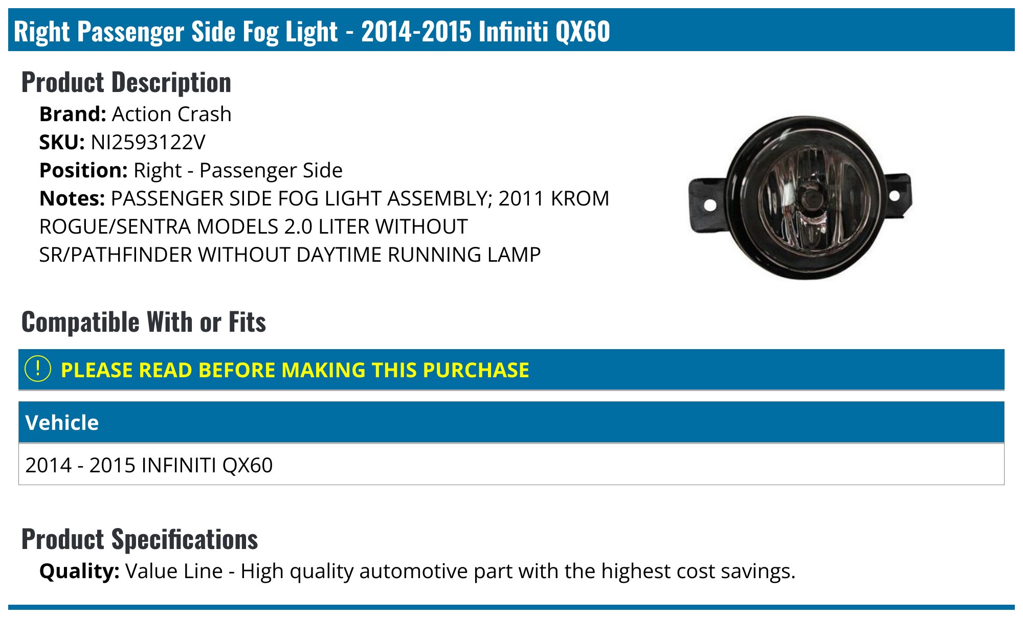 2014-2015 Infiniti QX60 Fog Light - Action Crash NI2593122V - Right ...