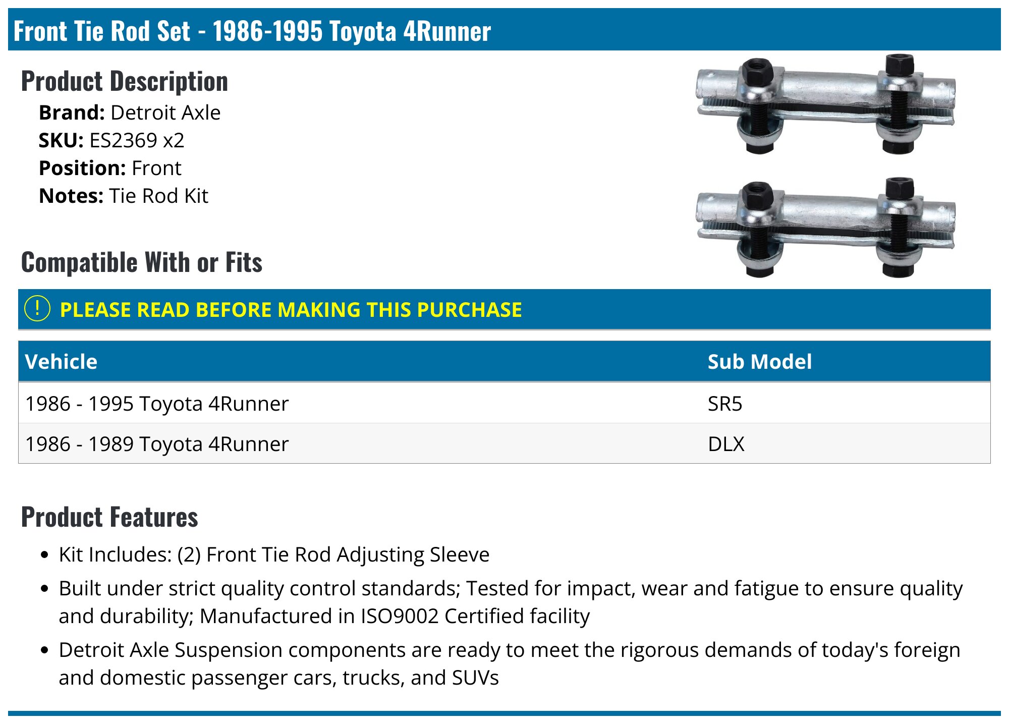 1986-1995 Toyota 4Runner Tie Rod - Detroit Axle ES2369 x2 - Front ...