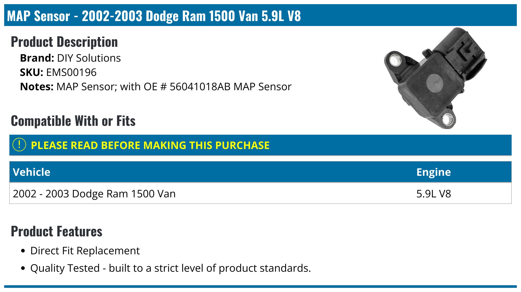 2002-2003 Dodge Ram 1500 Van MAP Sensor - DIY Solutions EMS00196 ...