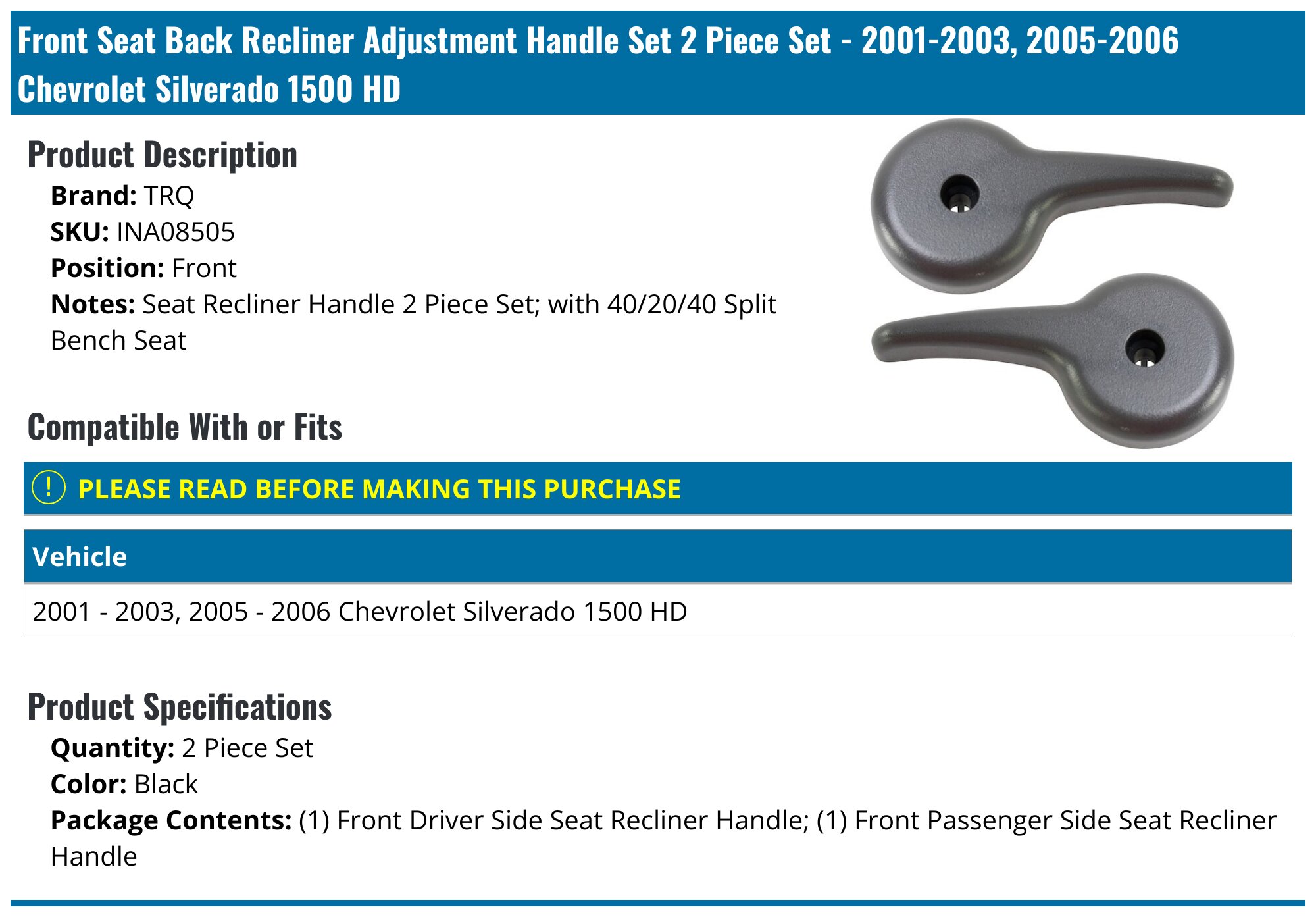 2001-2003, 2005-2006 Chevrolet Silverado 1500 HD Seat Back Recliner ...