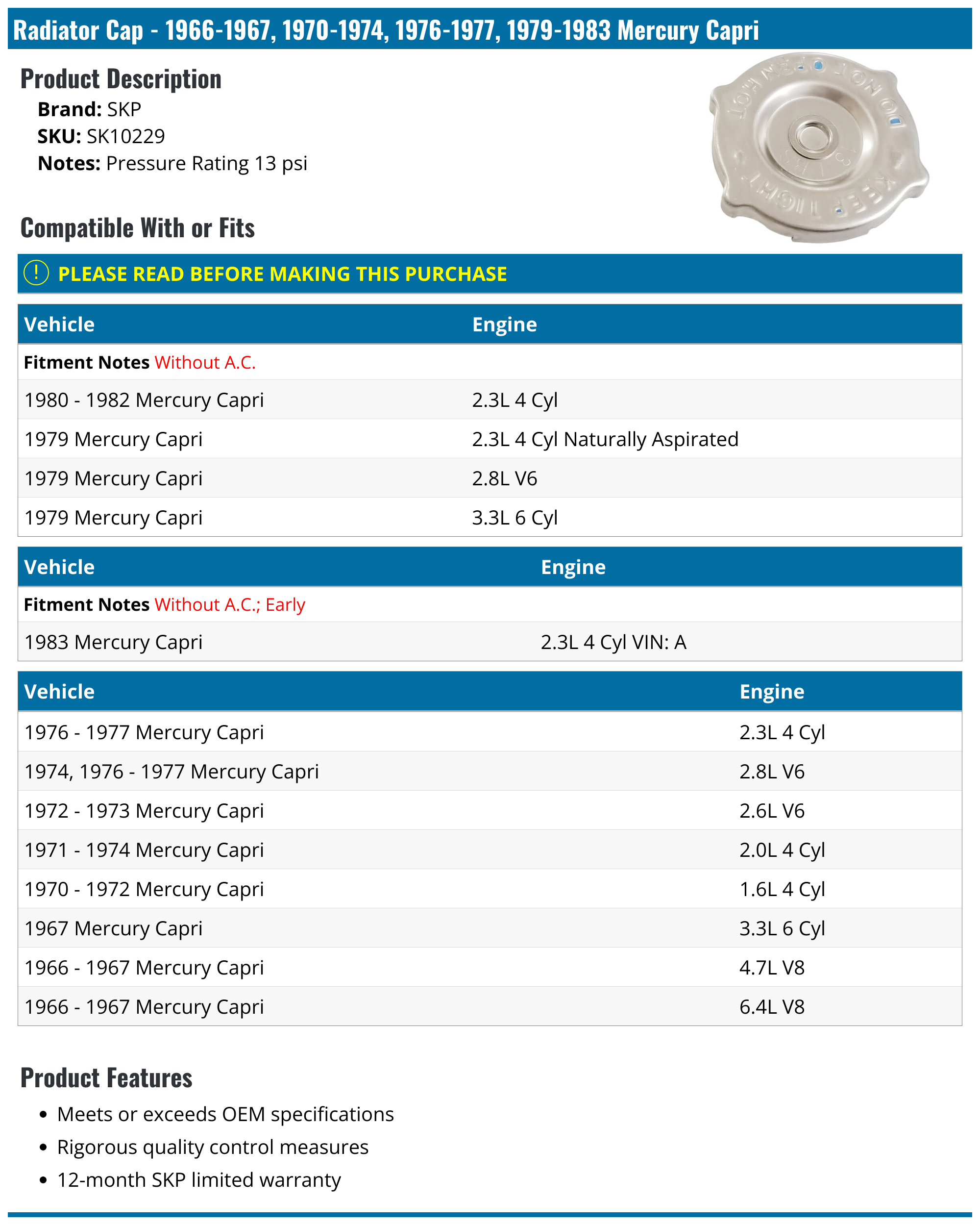 1966-1967, 1970-1974, 1976-1977, 1979-1983 Mercury Capri Radiator Cap ...