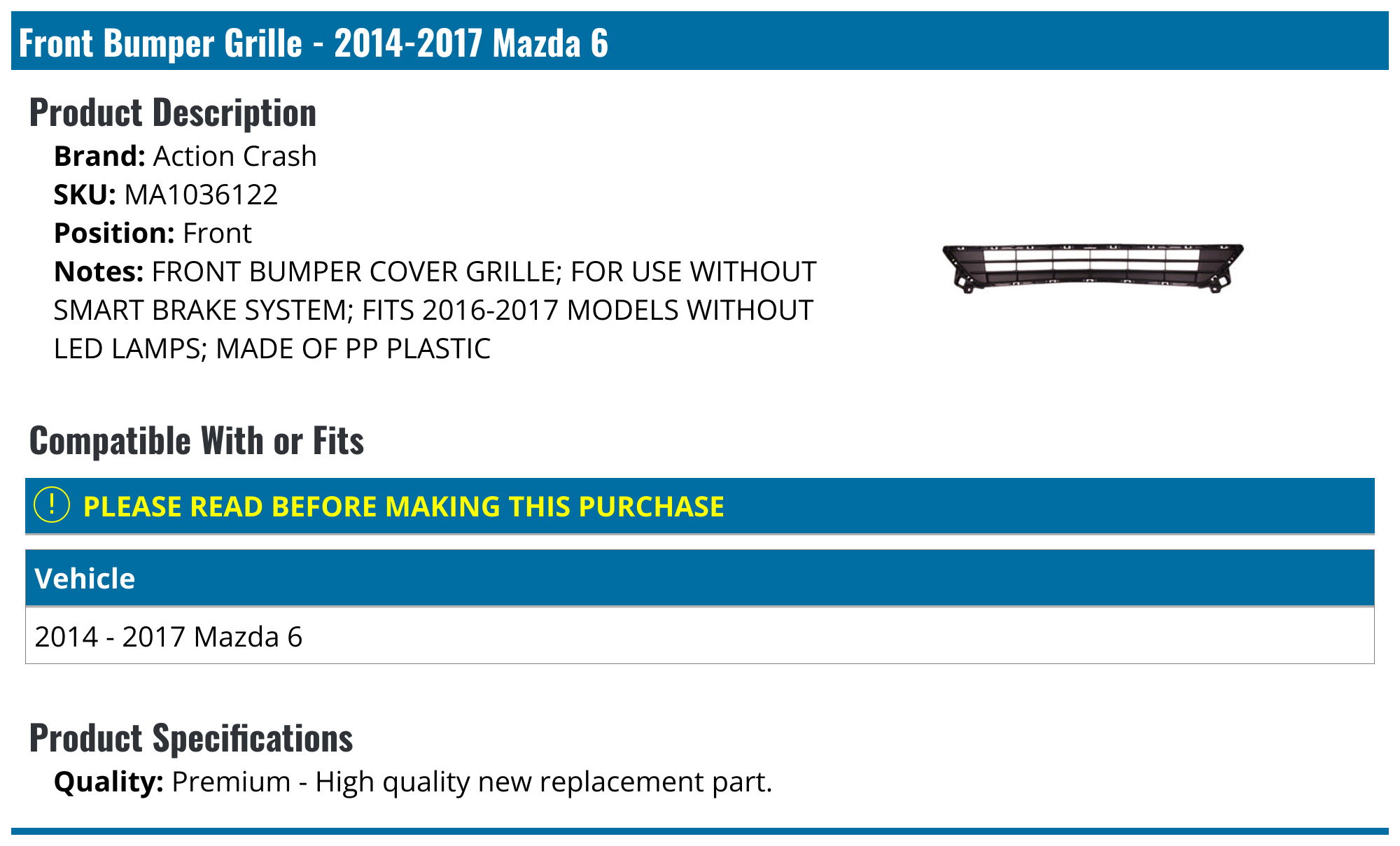2014-2017 Mazda 6 Grille Assembly - Action Crash MA1036122 - Front ...