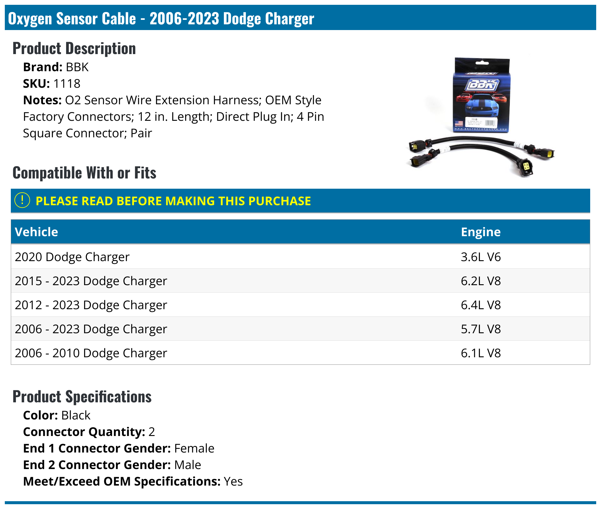 2006-2023 Dodge Charger Oxygen Sensor Cable - BBK 1118 - PartsGeek.com