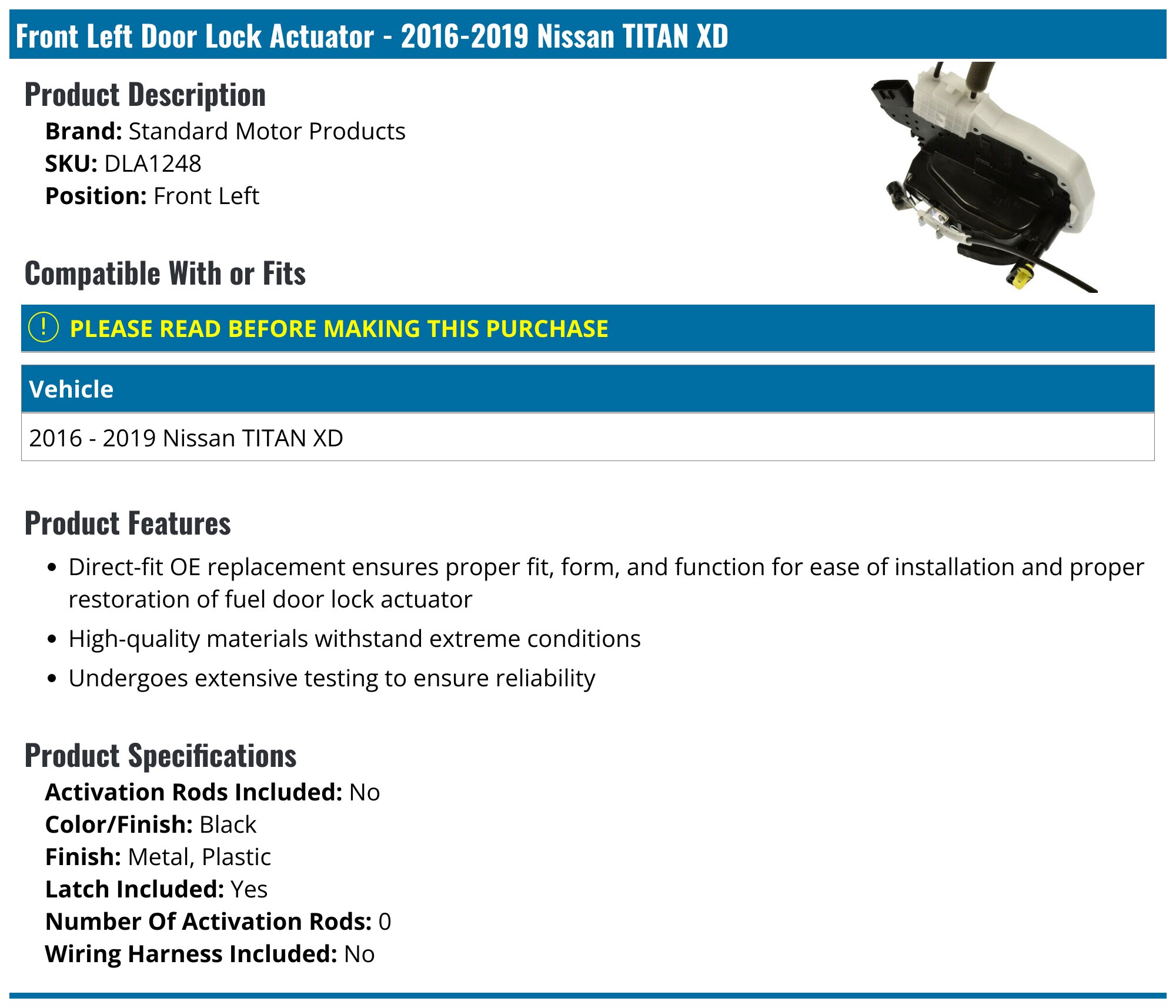 2016-2024 Nissan Titan XD Door Lock Actuator - Standard Motor Products ...