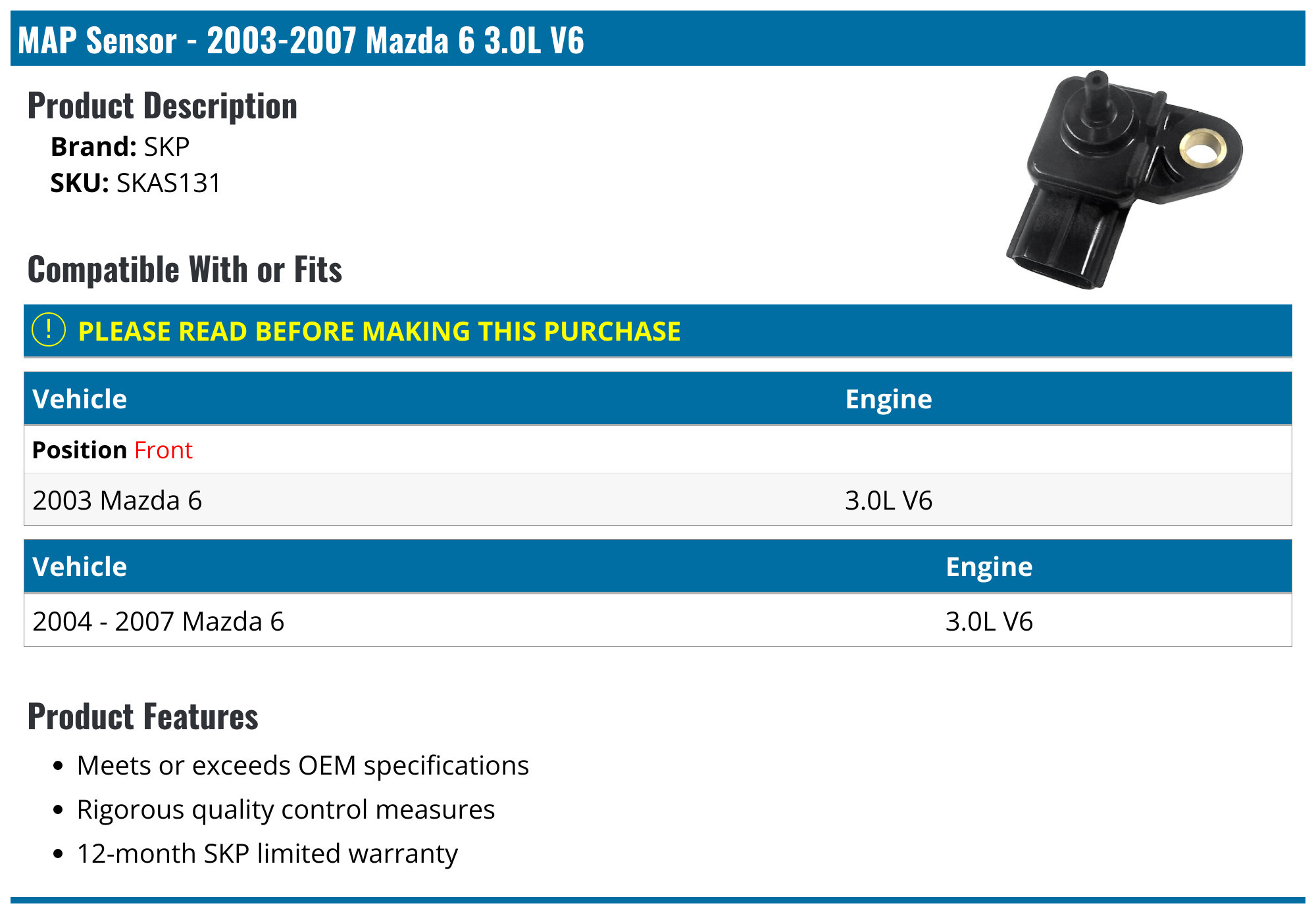 2003-2007 Mazda 6 MAP Sensor - SKP SKAS131 - Front - PartsGeek.com