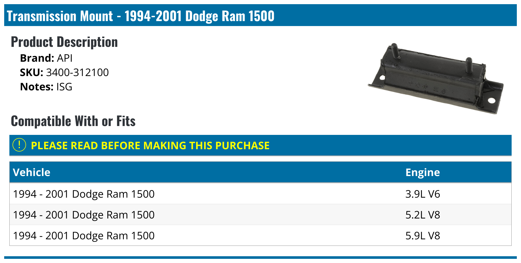 1994-2002 Dodge Ram 1500 Transmission Mount - API 1964-07440963 ...