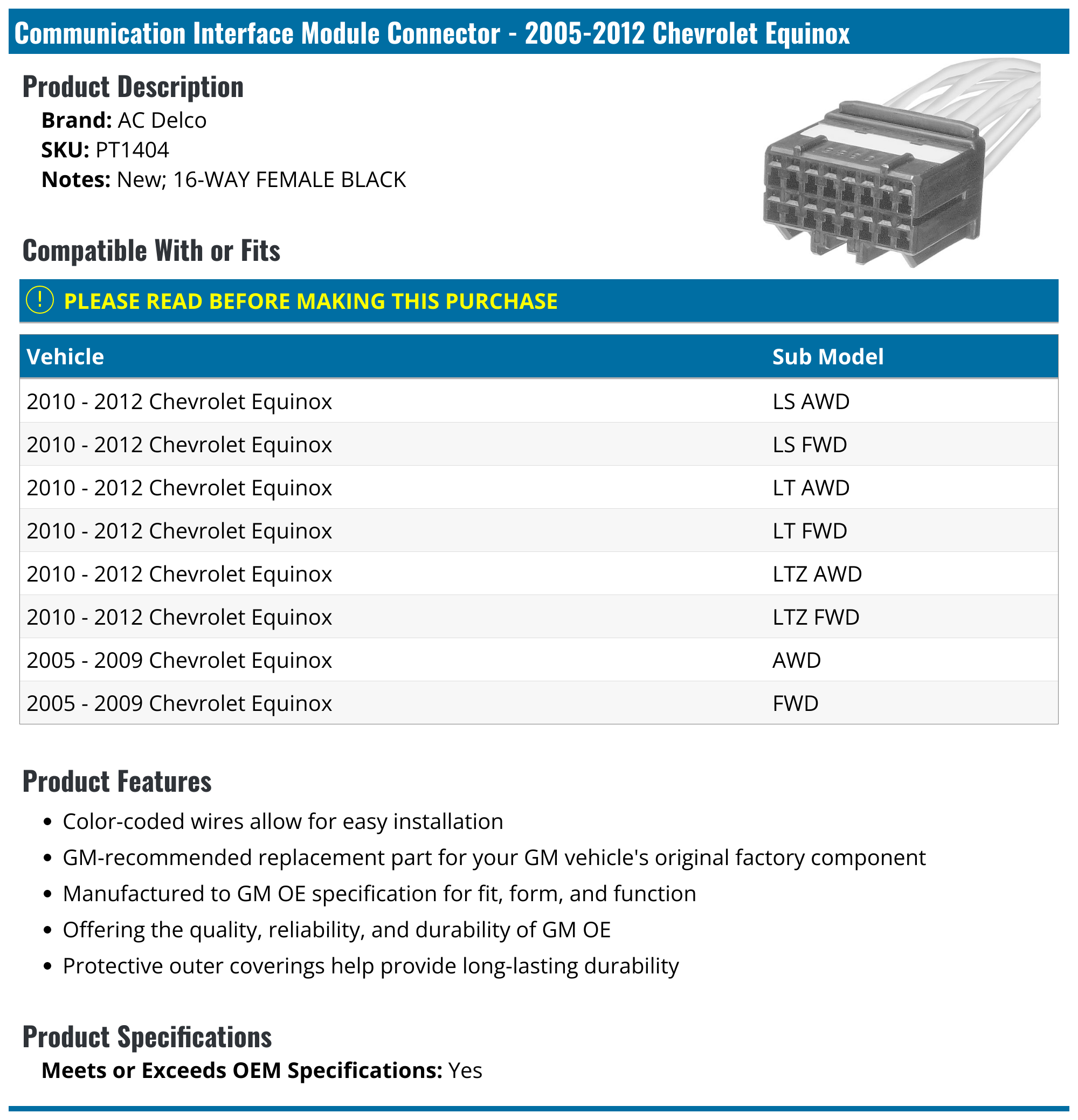 2005-2012 Chevrolet Equinox Communication Interface Module Connector ...