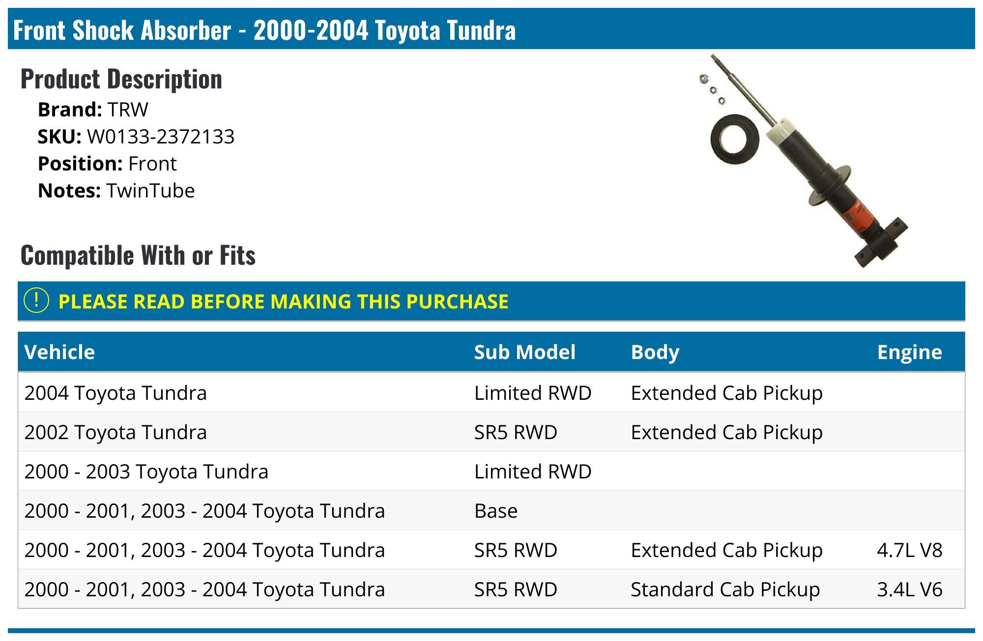 2000-2004 Toyota Tundra Shock Absorber - TRW W0133-2372133 - Front ...