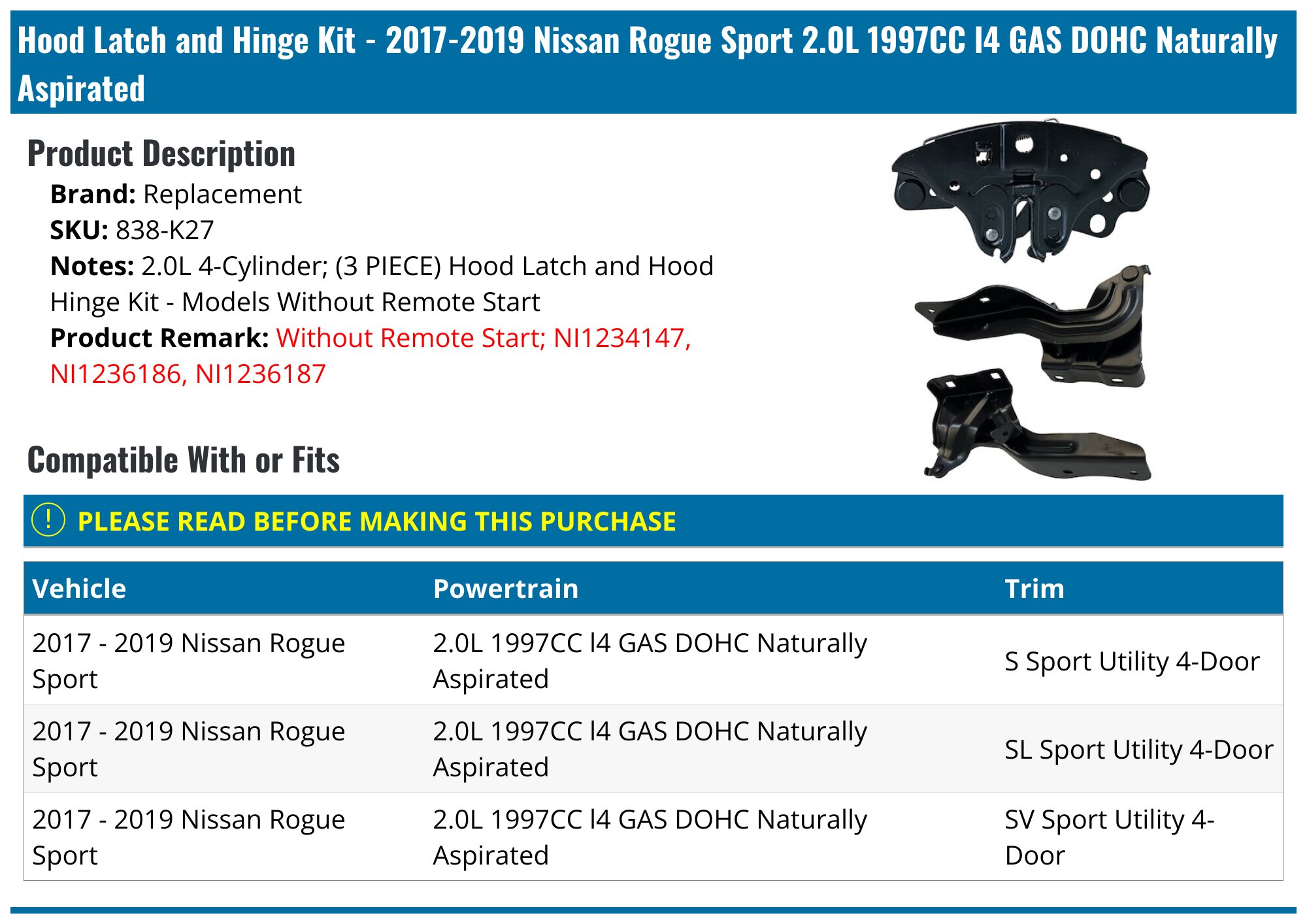2017-2019 Nissan Rogue Sport Hood Latch - Replacement 838-K27 ...