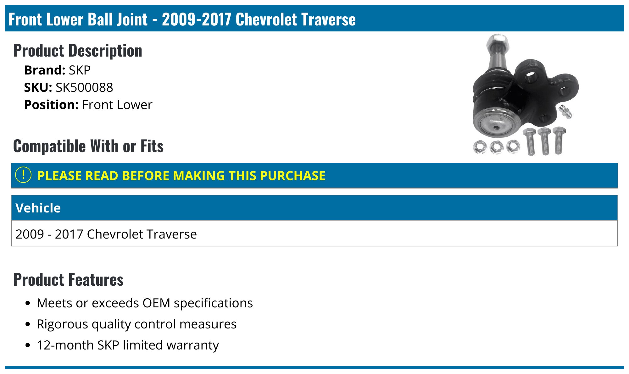 2009-2017 Chevrolet Traverse Ball Joint - SKP SK500088 - Front Lower ...