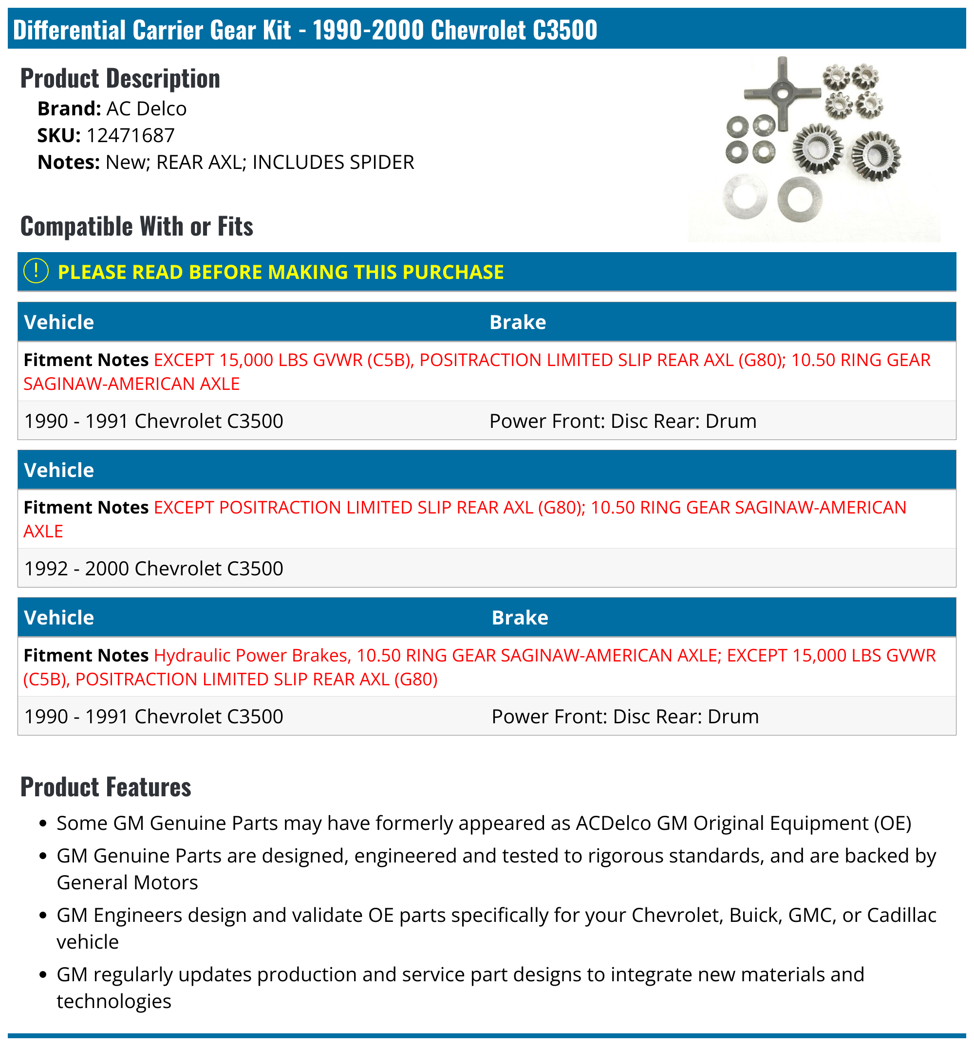 1990-2000 Chevrolet C3500 Differential Carrier Gear Kit - AC Delco ...