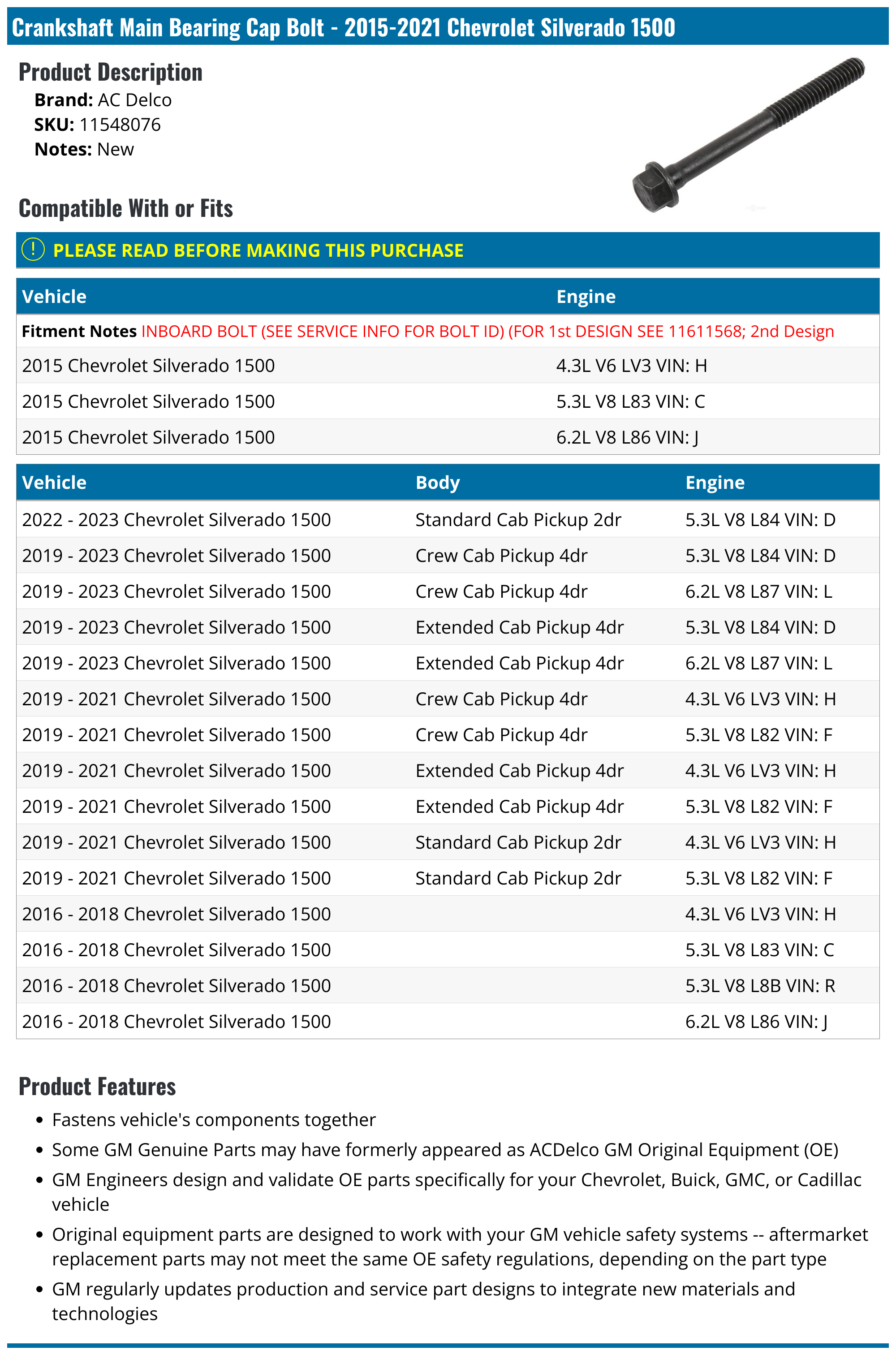 2015-2025 Chevrolet Silverado 1500 Crankshaft Main Bearing Cap Bolt ...