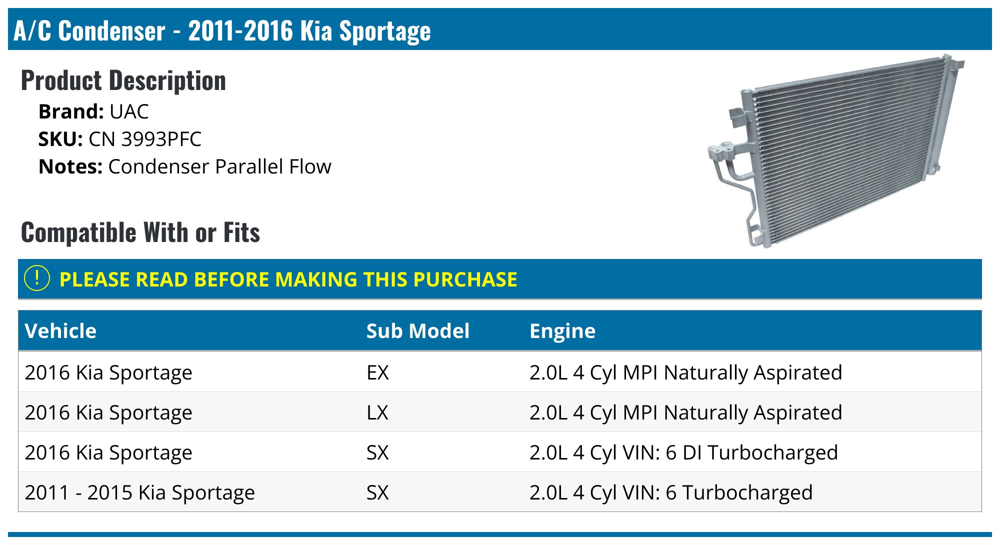 2011-2016 Kia Sportage A/C Condenser - UAC CN 3993PFC - PartsGeek.com