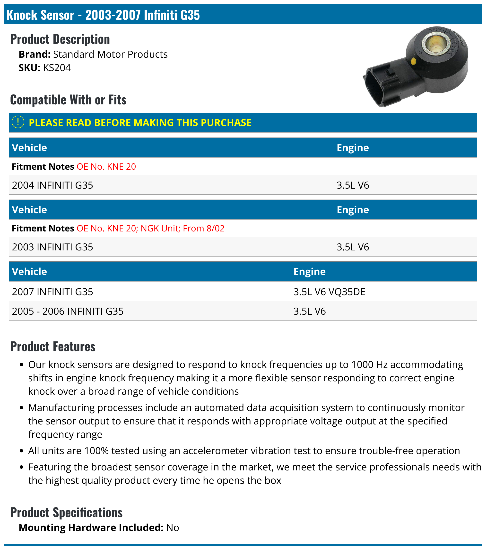 2003-2007 Infiniti G35 Knock Sensor - Standard Motor Products KS204 ...