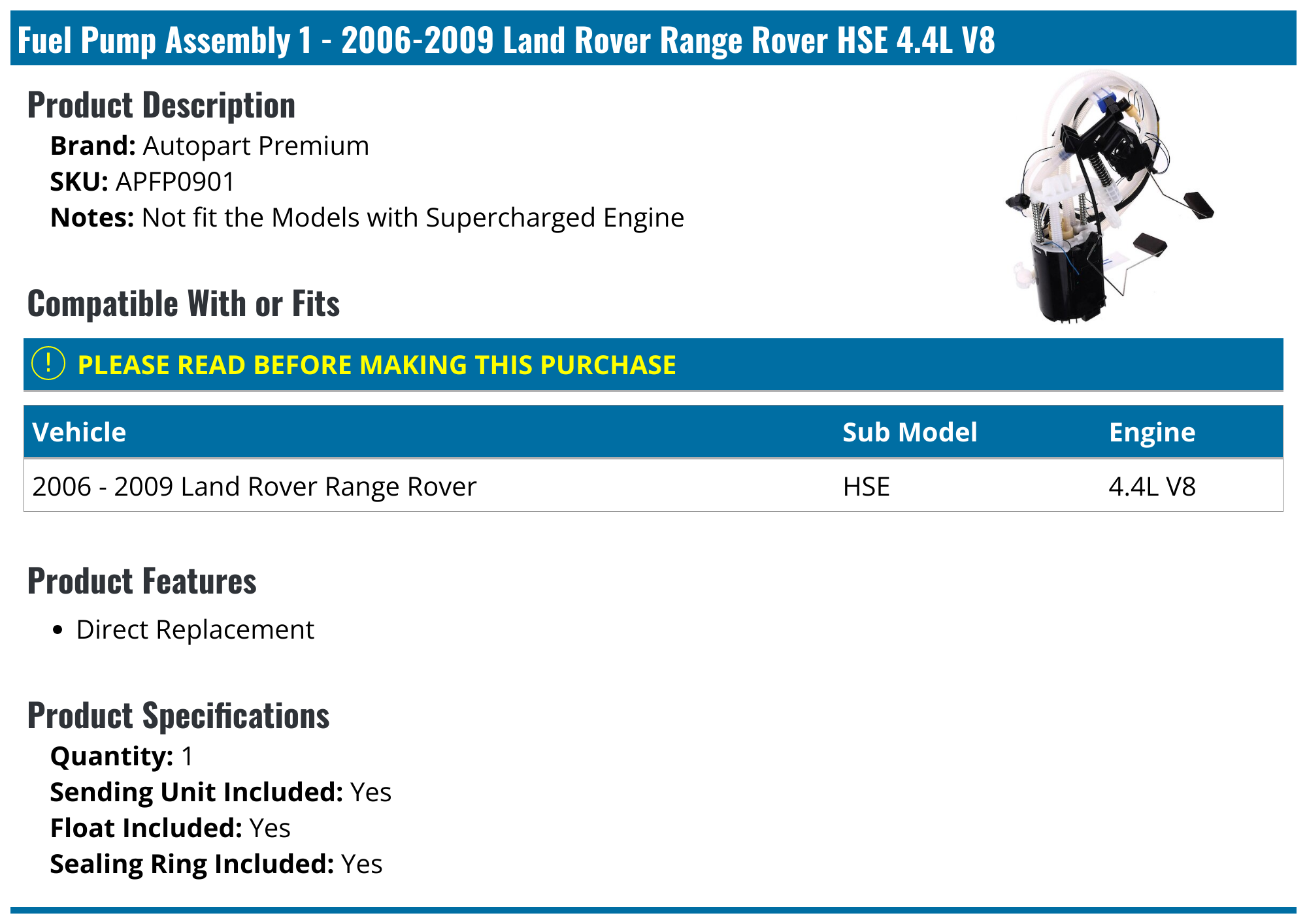 2006-2009 Land Rover Range Rover Fuel Pump - Autopart Premium APFP0901 ...