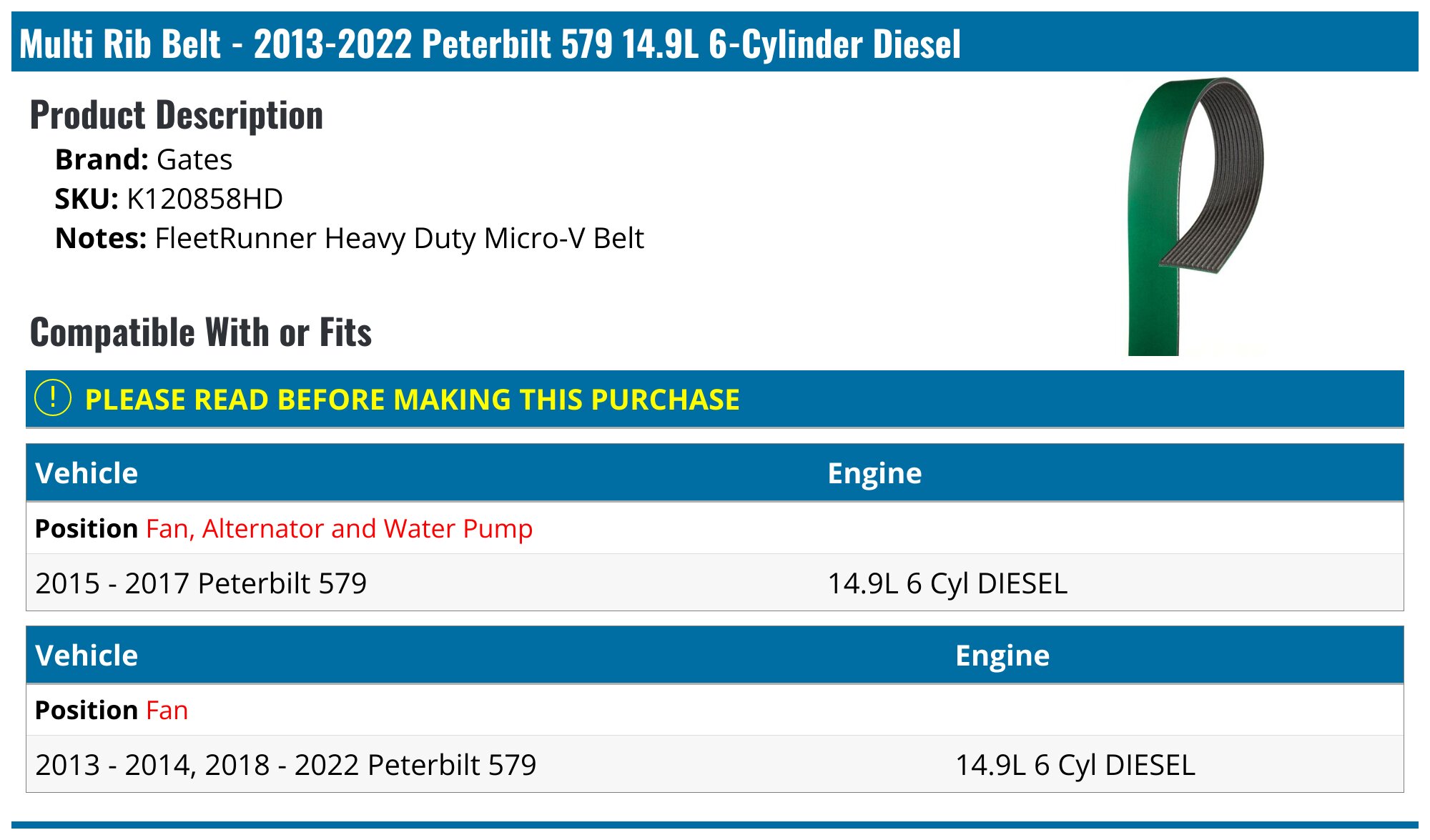 2013-2022 Peterbilt 579 Multi Rib Belt - Gates K120858HD - Fan ...