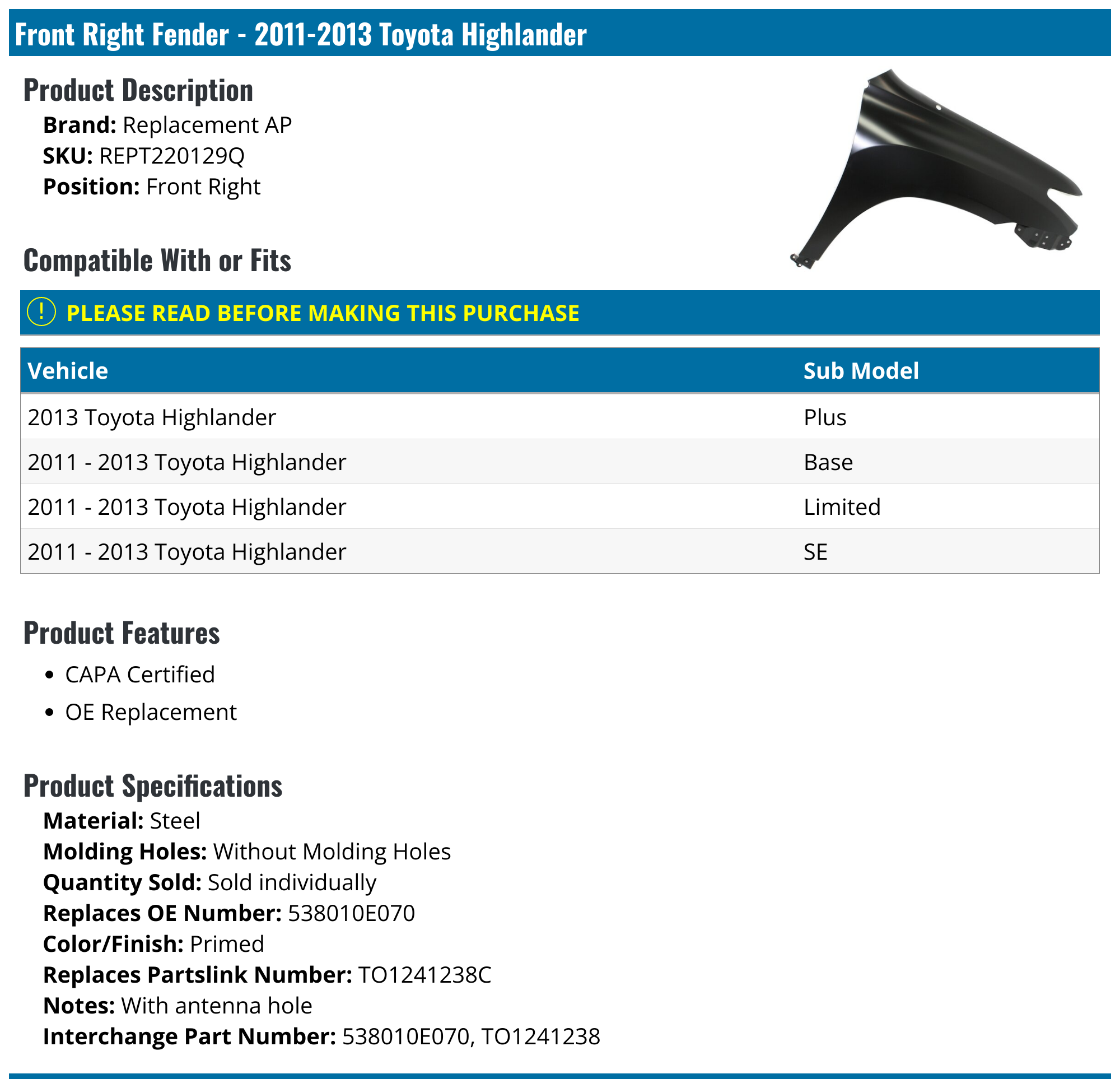 2011-2013 Toyota Highlander Fender - Replacement AP REPT220129Q - Front ...
