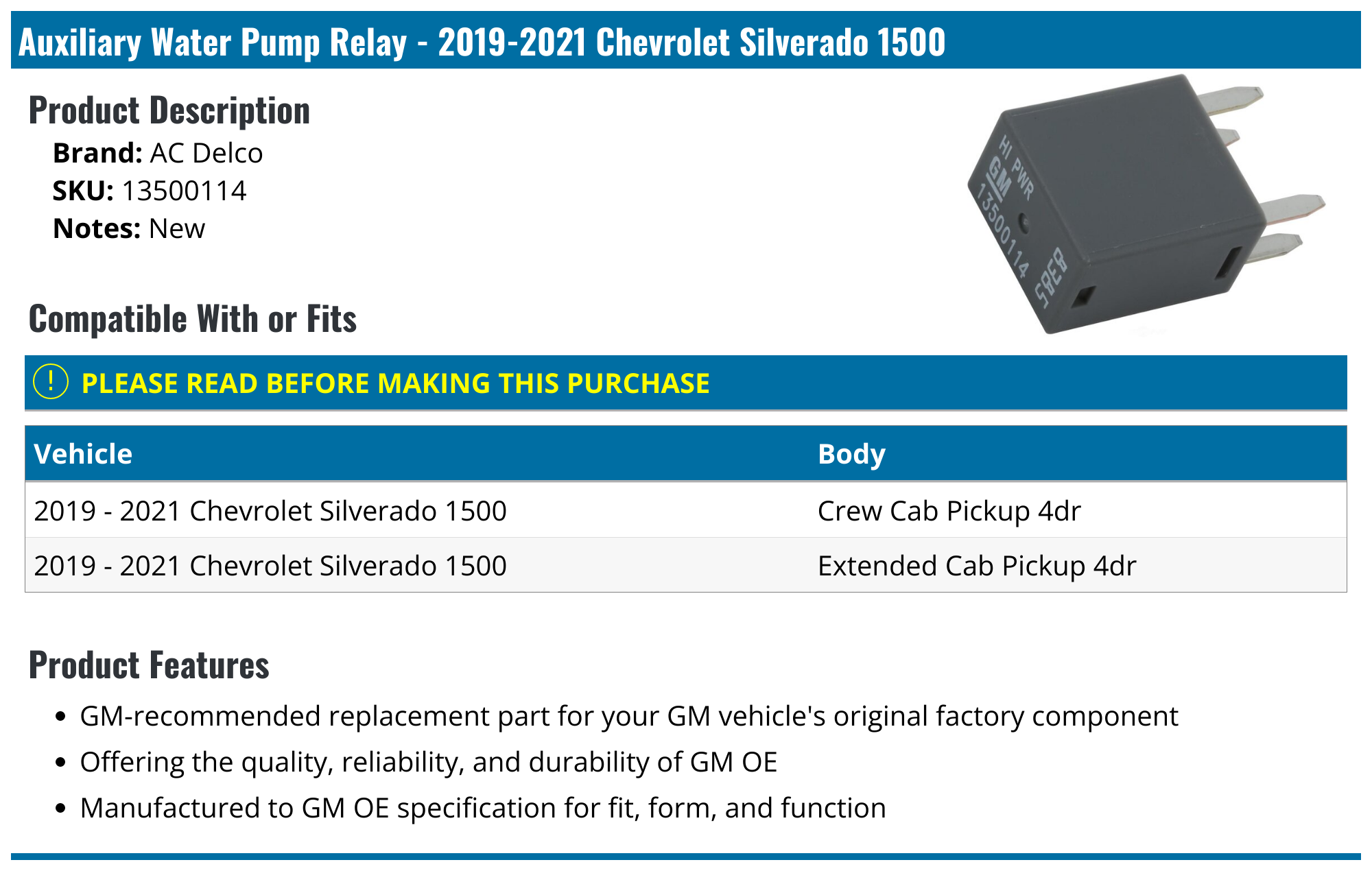 2019-2021 Chevrolet Silverado 1500 Auxiliary Water Pump Relay - AC ...