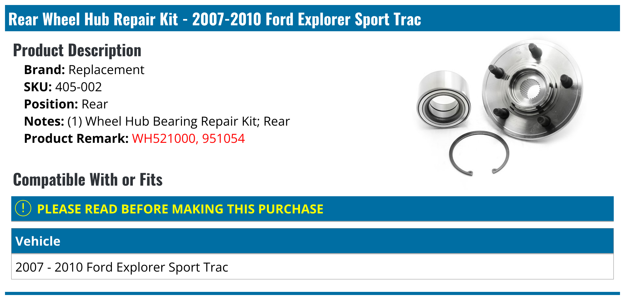 2007-2010 Ford Explorer Sport Trac Wheel Hub Assembly - Replacement 405 ...