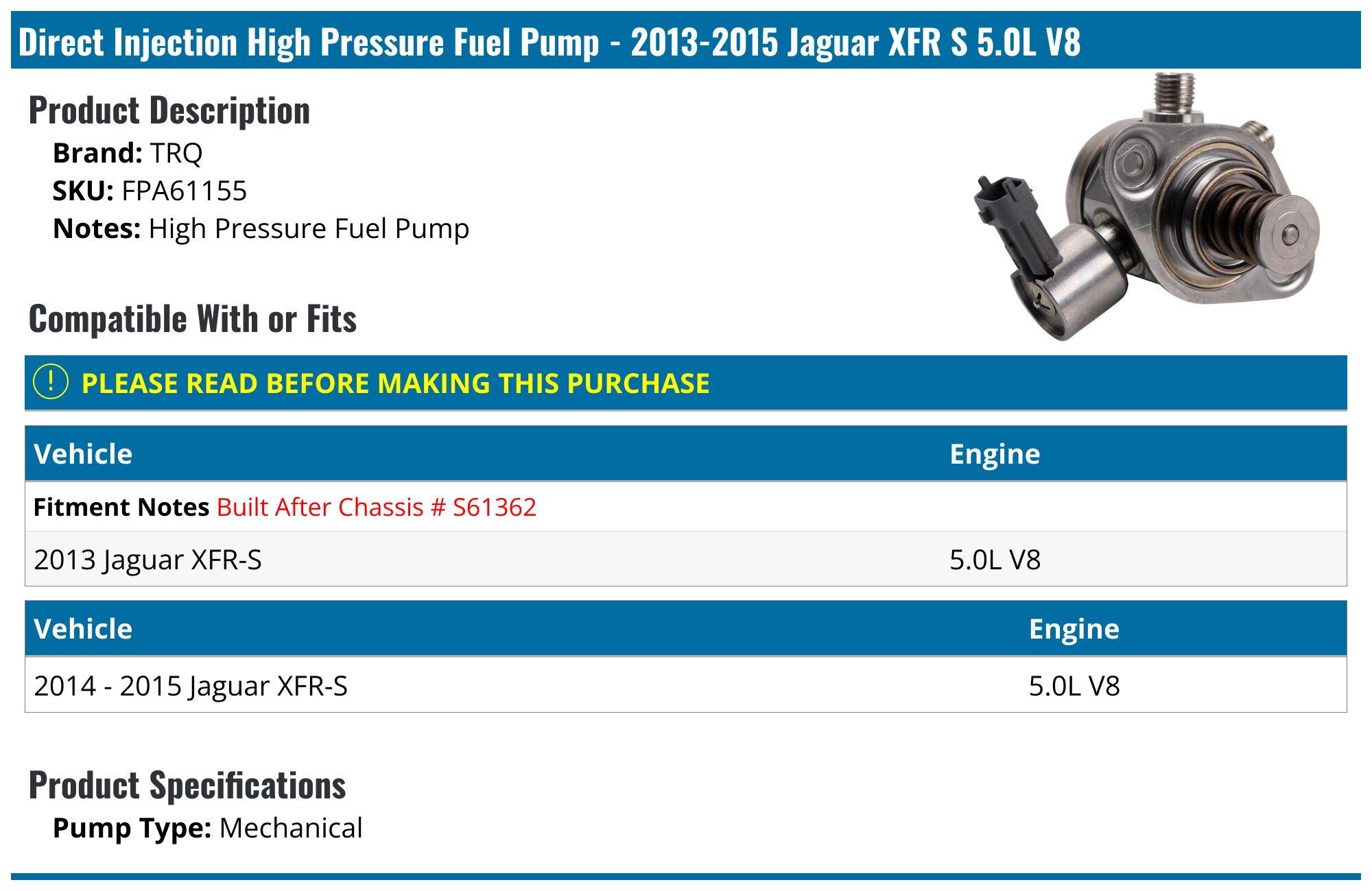 2013-2015 Jaguar XFR S Fuel Pump - TRQ FPA61155 - PartsGeek.com