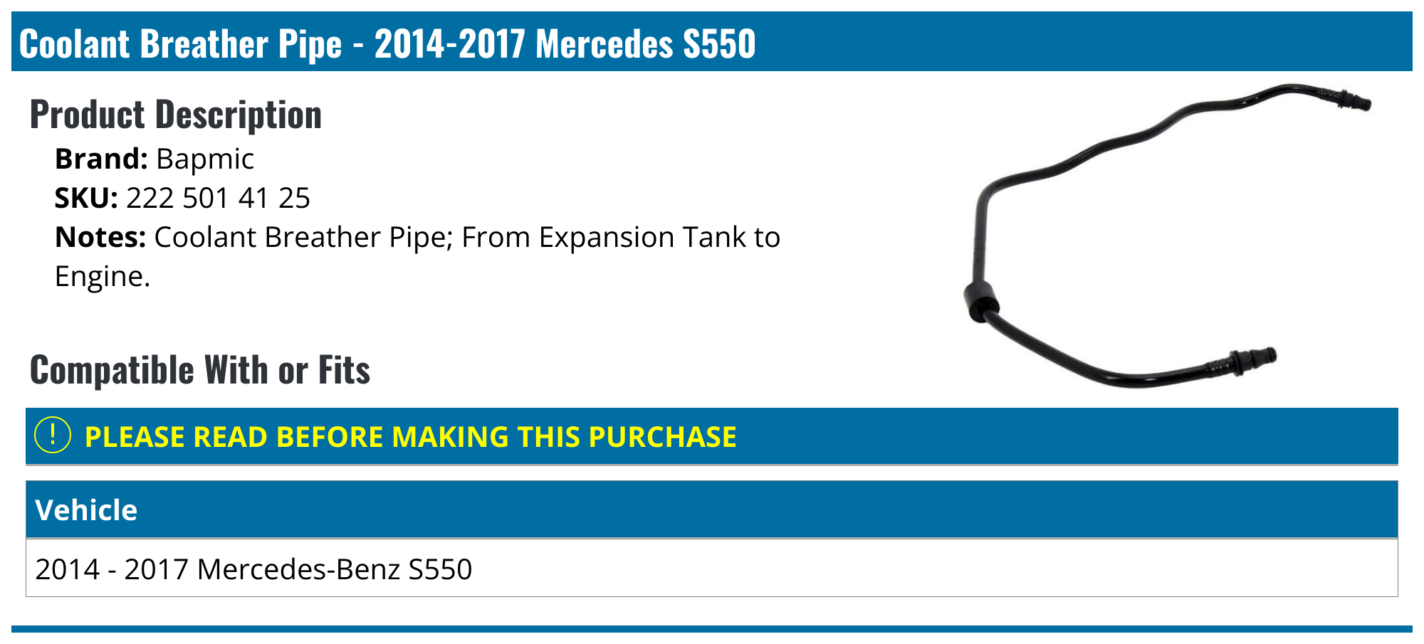 2014-2017 Mercedes S550 Coolant Breather Pipe - Bapmic 222 501 41 25 ...