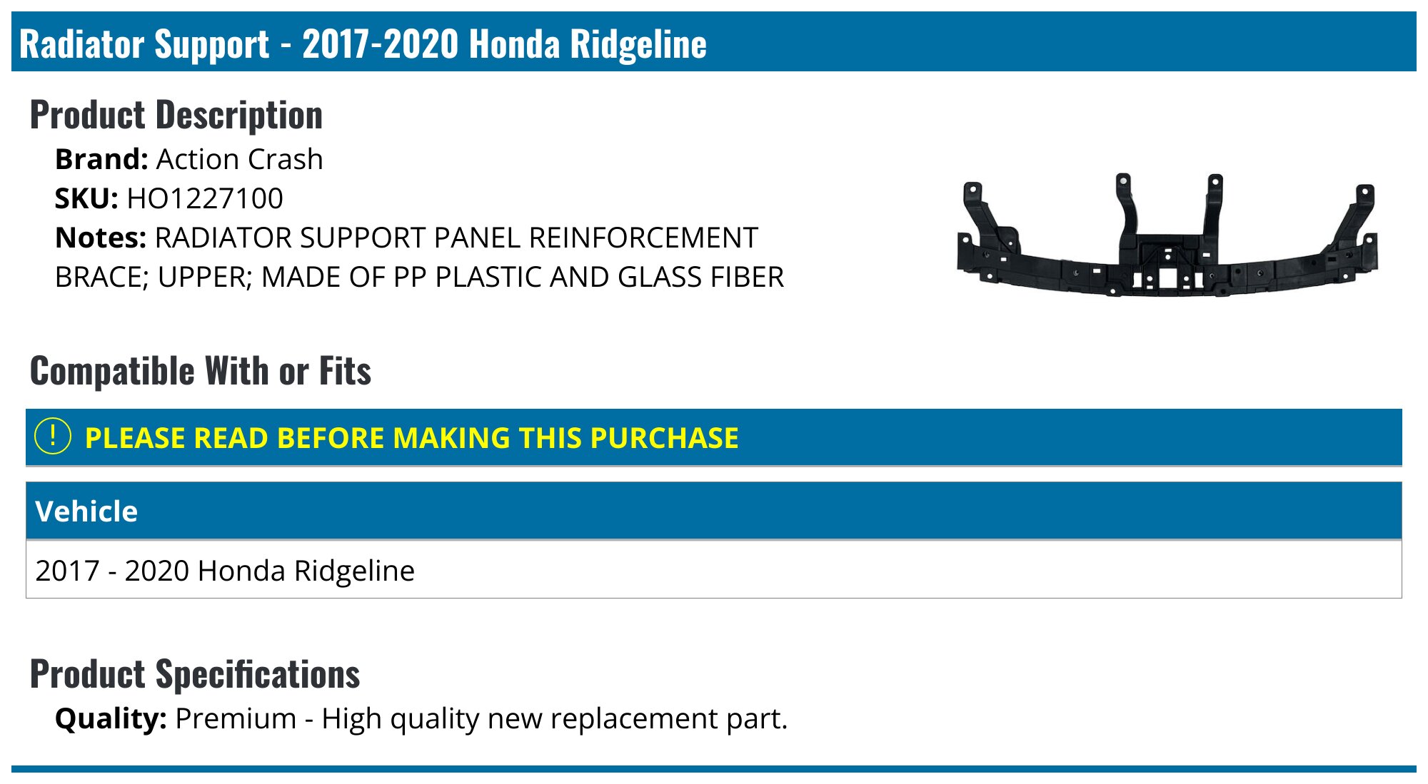 2017-2020 Honda Ridgeline Radiator Support - Action Crash HO1227100 ...