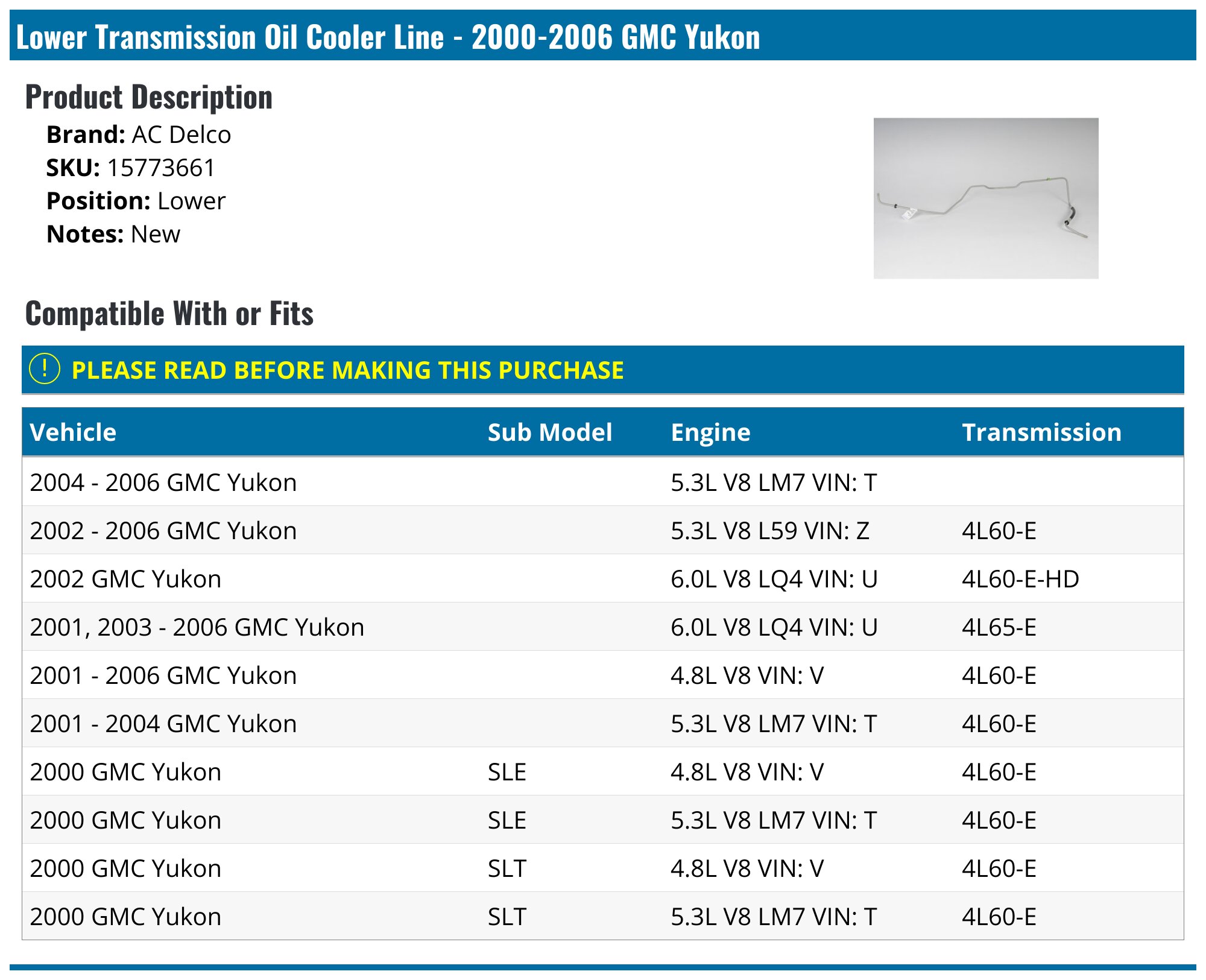 2000-2006 GMC Yukon Transmission Oil Cooler Line - AC Delco 15773661 ...