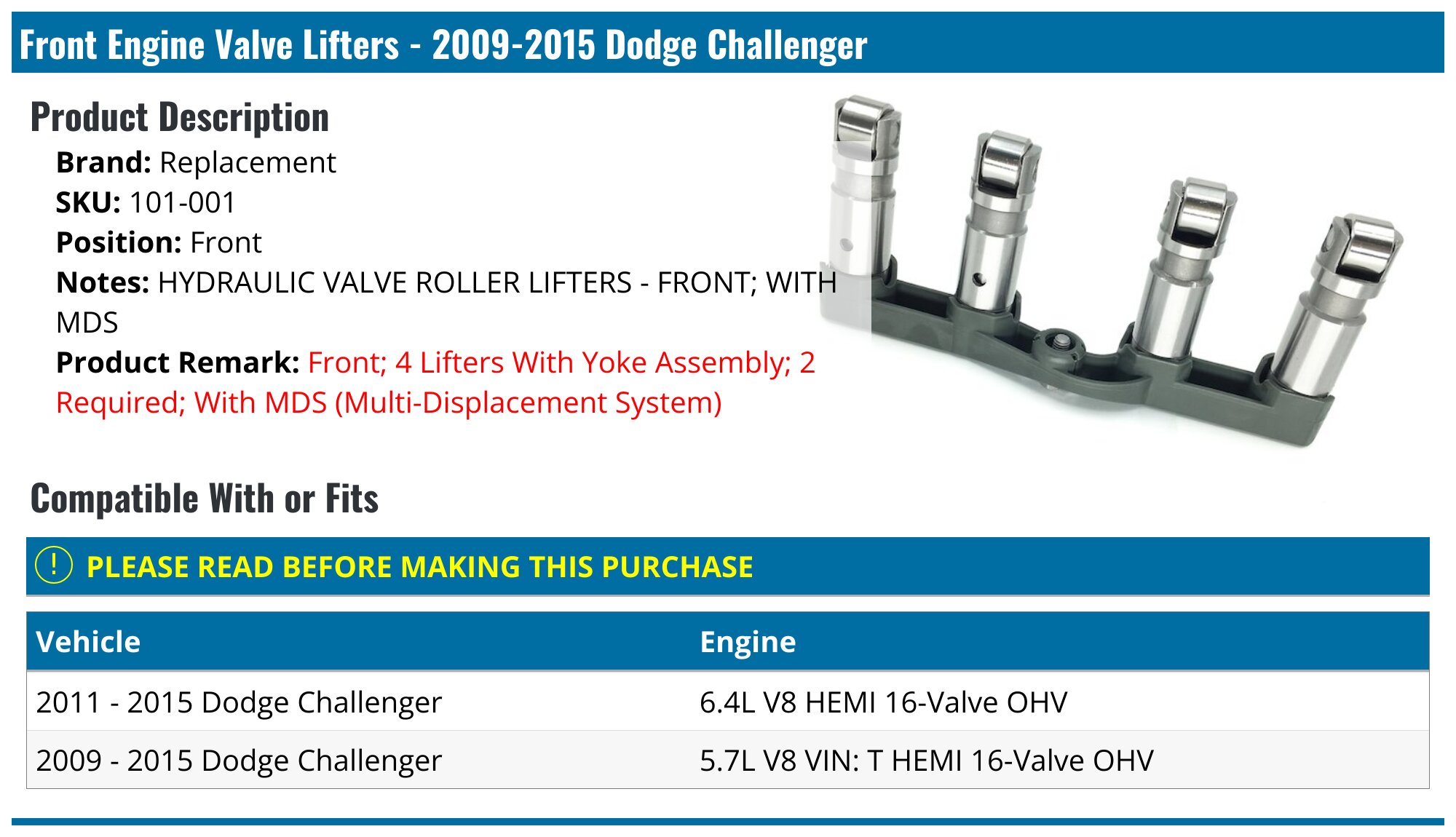 2009-2022 Dodge Challenger Valve Lifter - Replacement 101-001 - Front ...
