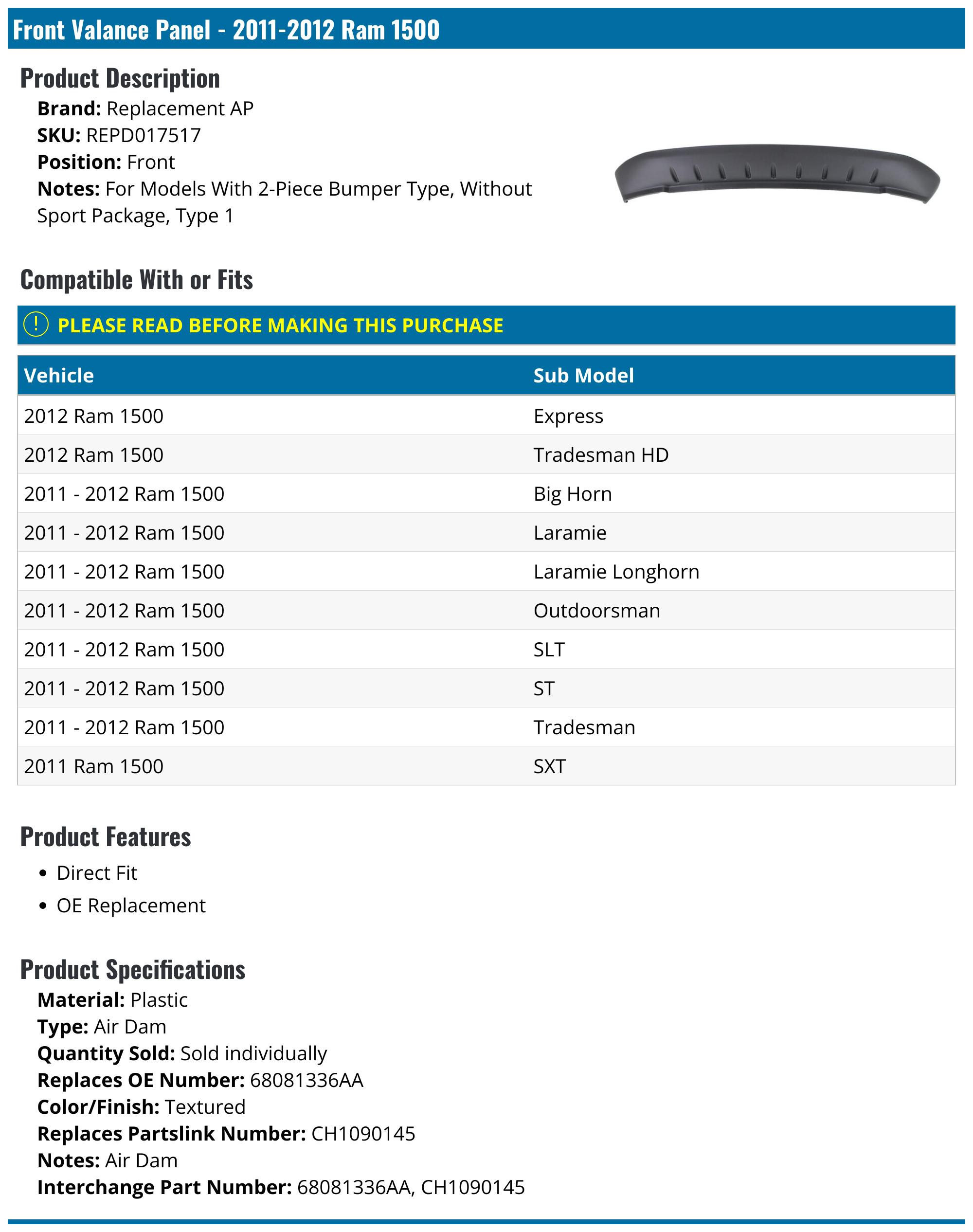 2011-2012 Ram 1500 Valance Panel - Replacement AP REPD017517 - Front ...