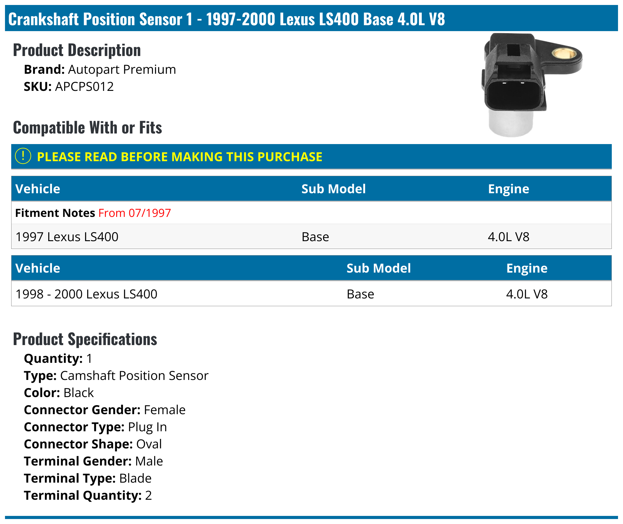 1997-2000 Lexus LS400 Camshaft Position Sensor - Autopart Premium ...