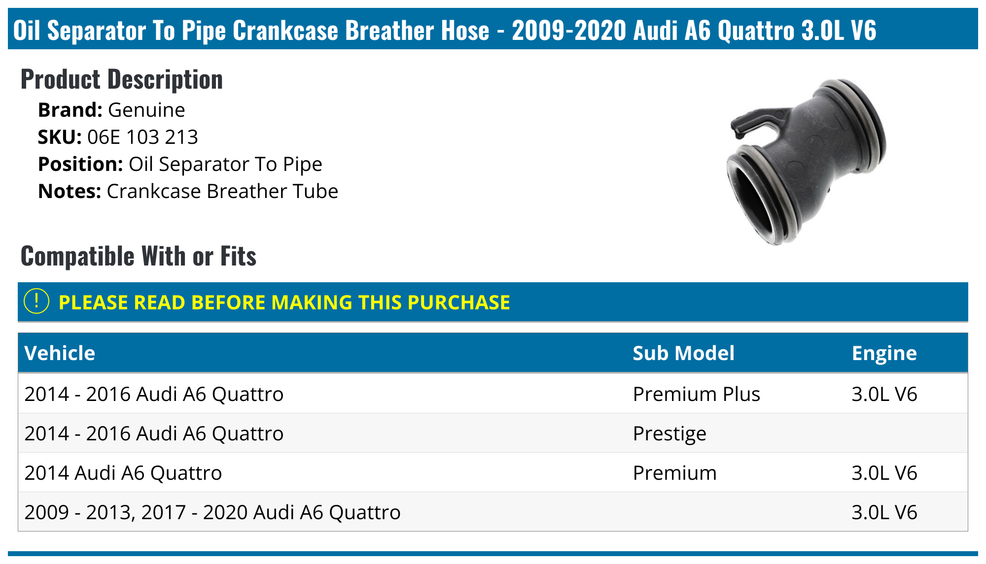 2009-2020 Audi A6 Quattro Breather Hose - Genuine 06E 103 213 - Oil ...