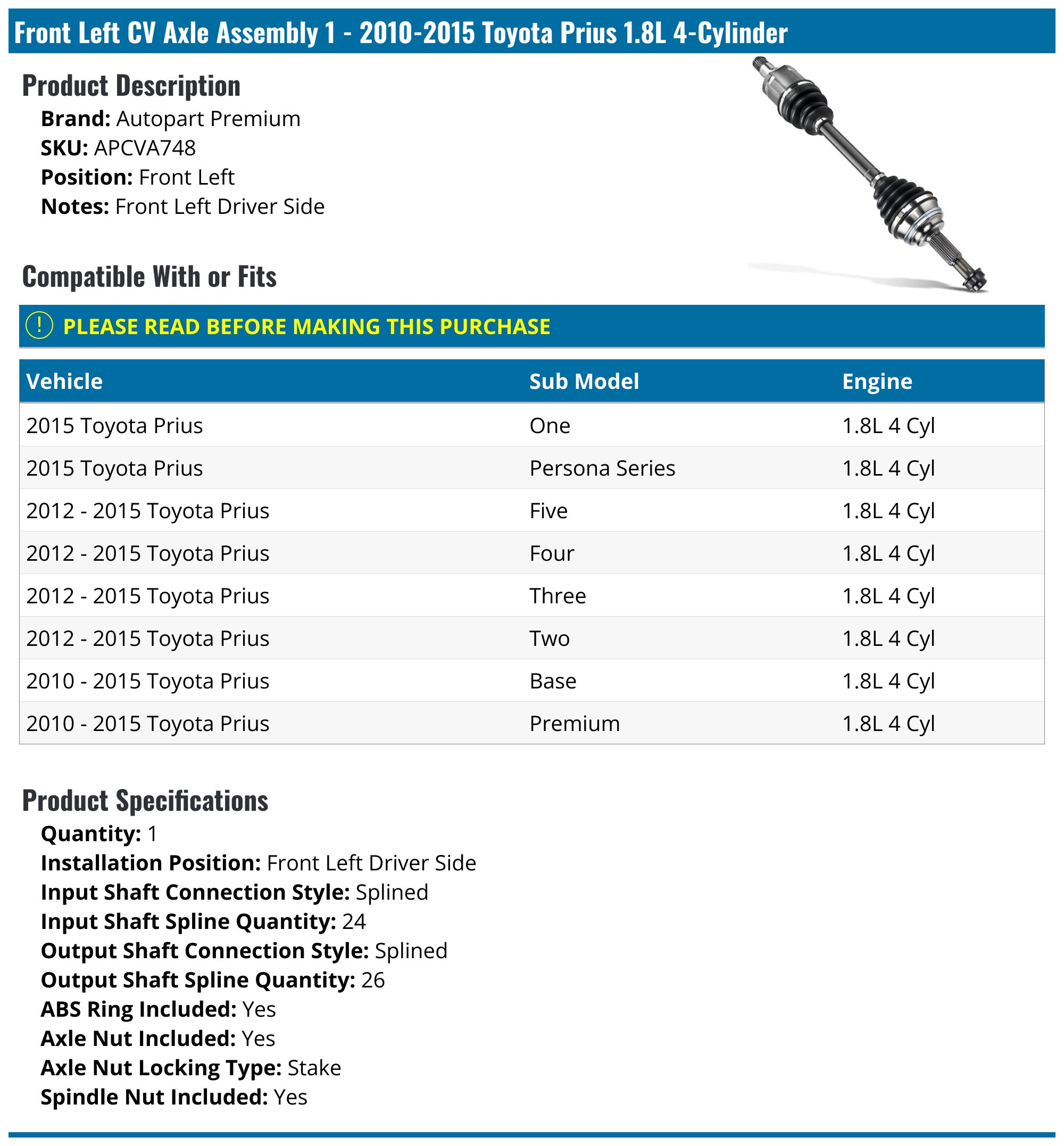 2010-2015 Toyota Prius Axle Assembly - Autopart Premium APCVA748 ...