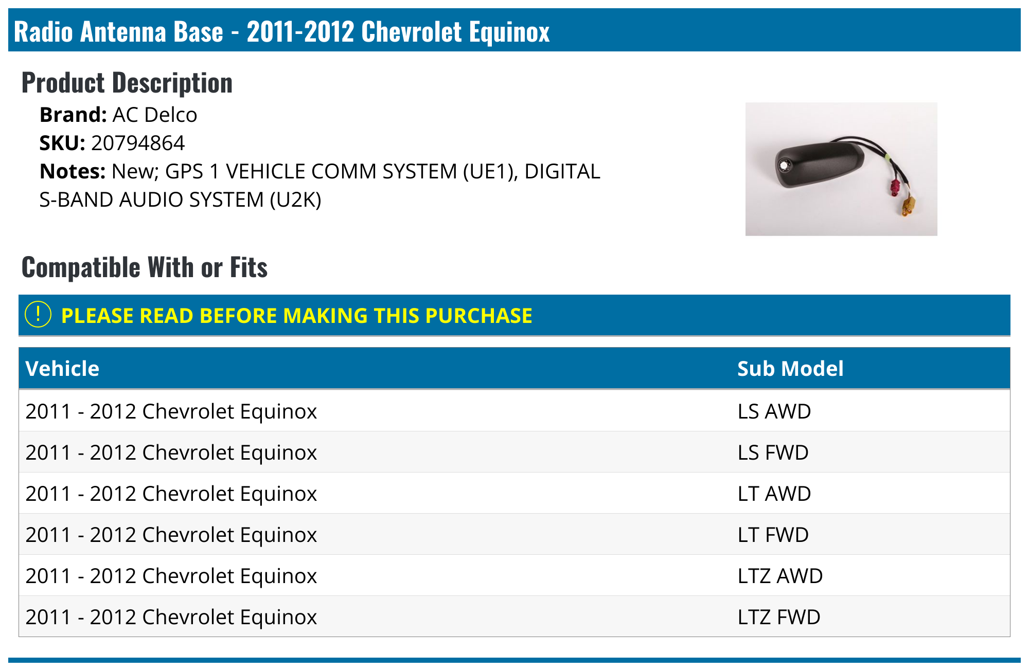2011-2012 Chevrolet Equinox Radio Antenna Base - AC Delco 20794864 ...