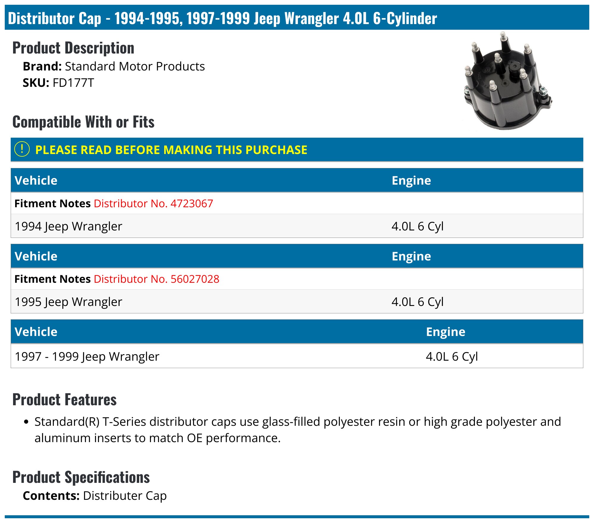 1994-1995, 1997-1999 Jeep Wrangler Distributor Cap - Standard Motor ...