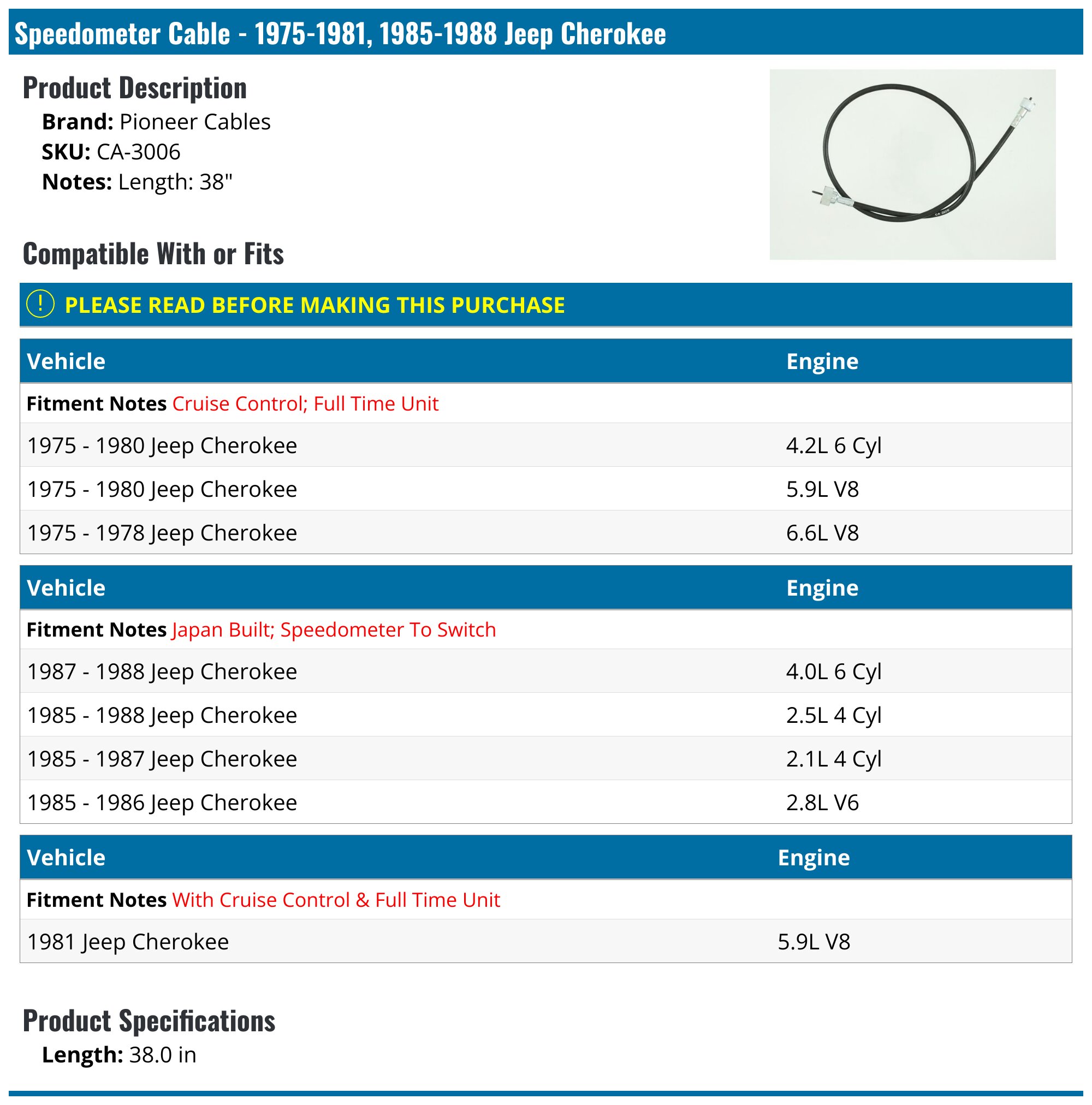 1975-1981, 1985-1988 Jeep Cherokee Speedometer Cable - Pioneer Cables ...