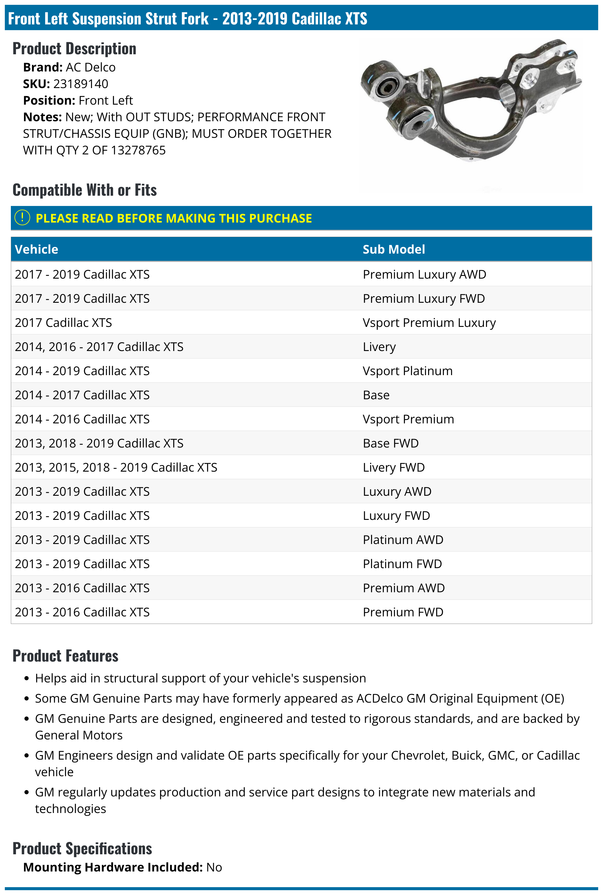 2013-2019 Cadillac XTS Suspension Strut Fork - AC Delco 23189140 ...