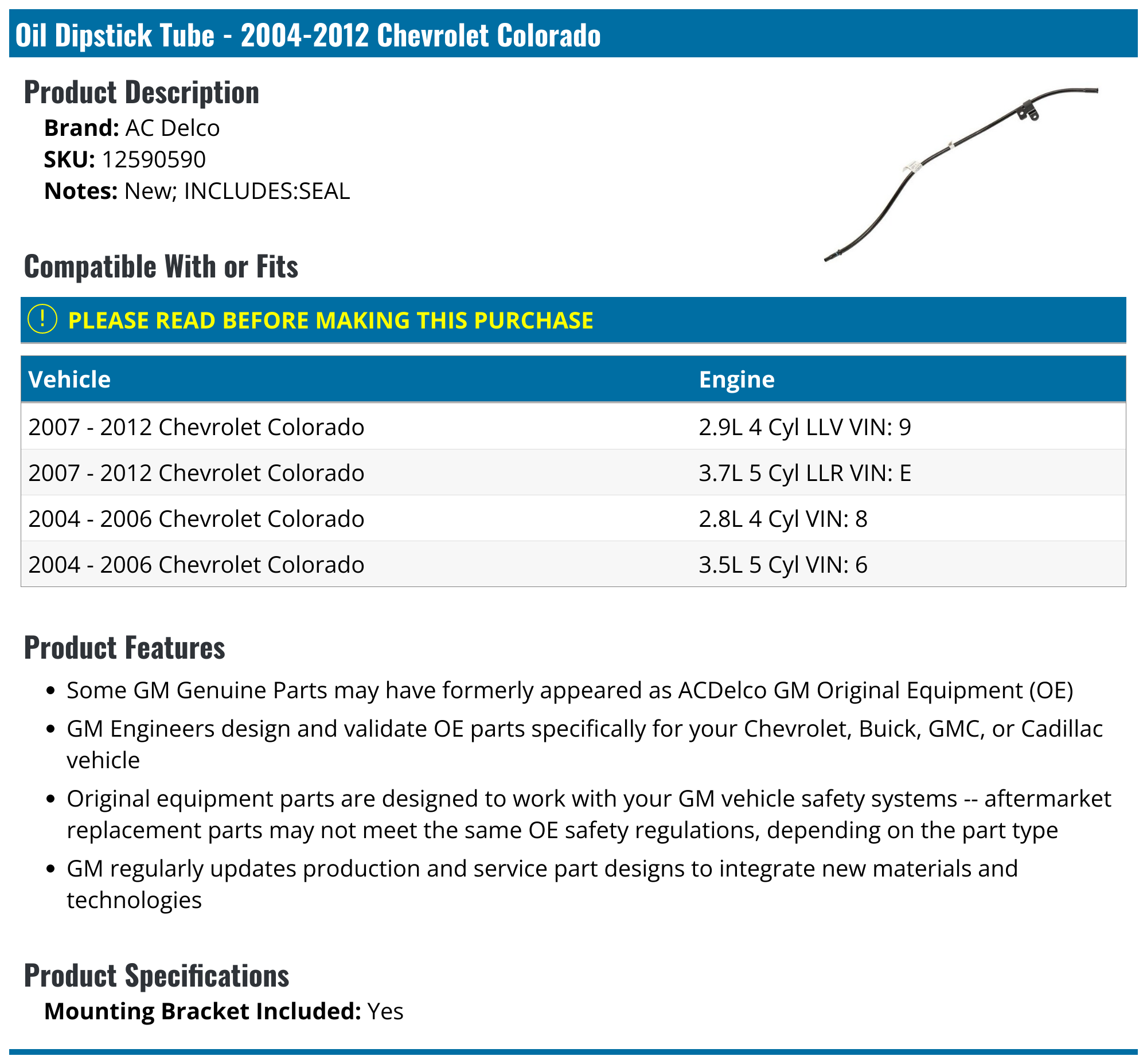 2004-2012 Chevrolet Colorado Oil Dipstick Tube - AC Delco 12590590 ...