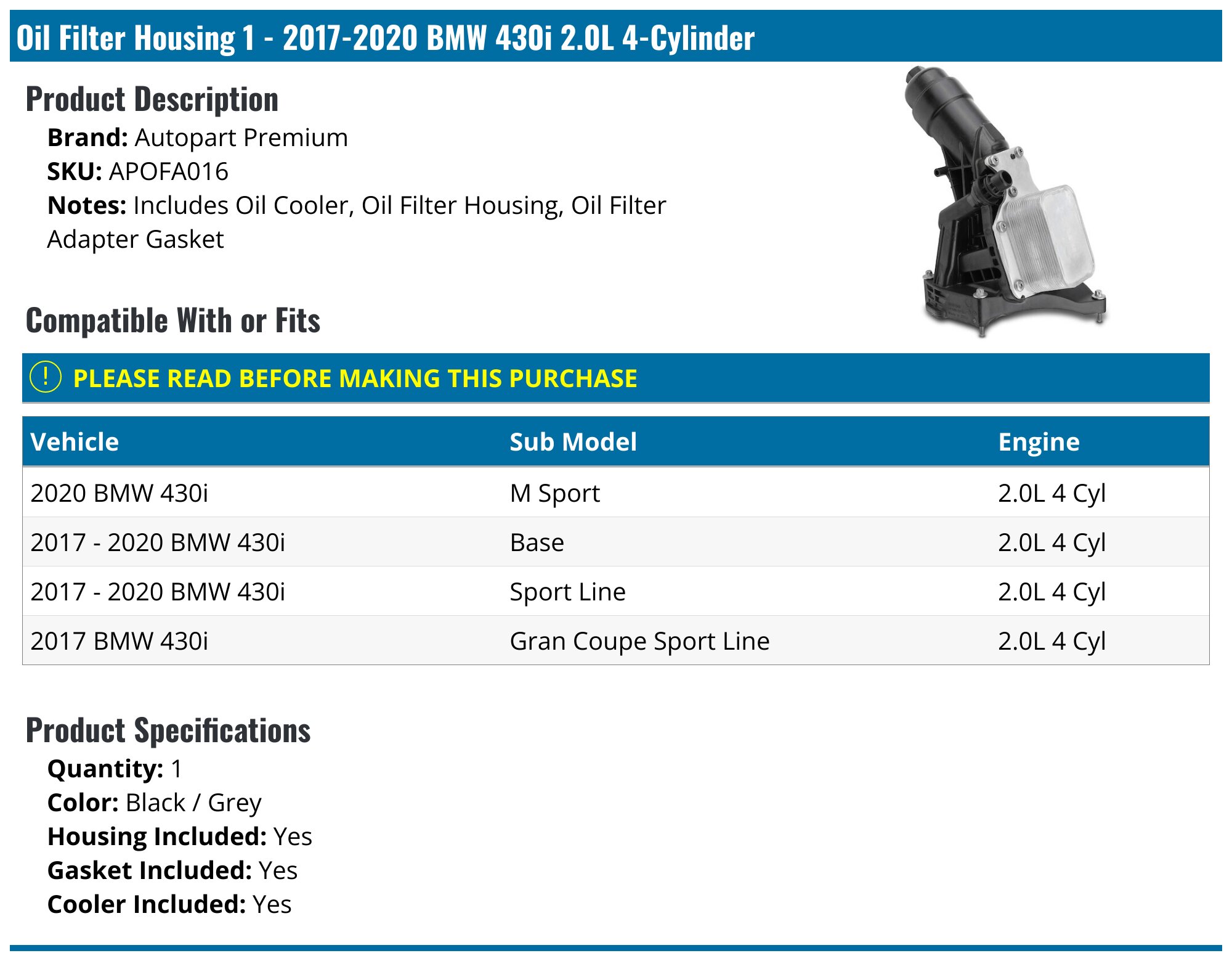 2017-2020 BMW 430i Oil Filter Housing - Autopart Premium APOFA016 ...