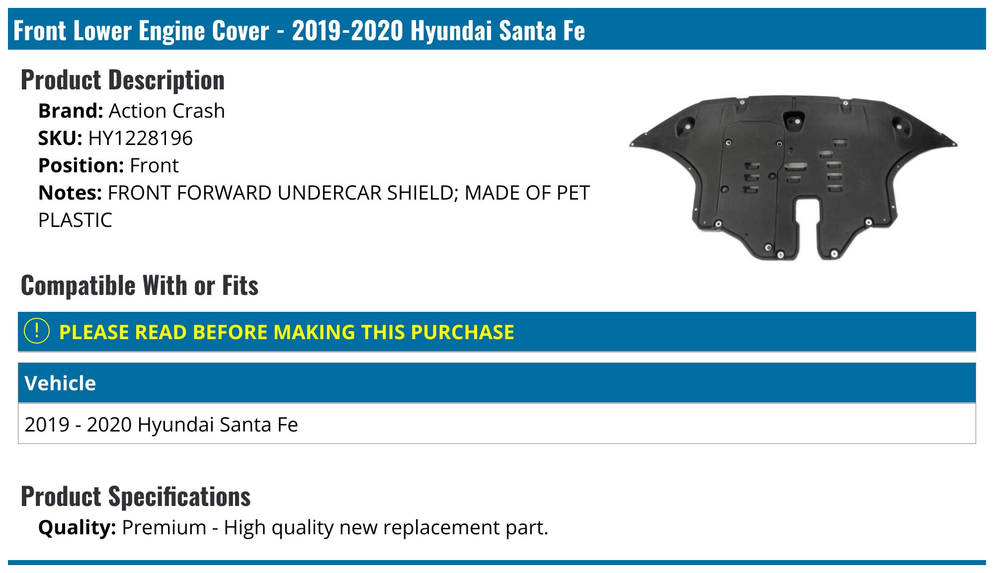2019-2020 Hyundai Santa Fe Lower Engine Cover - Action Crash HY1228196 ...