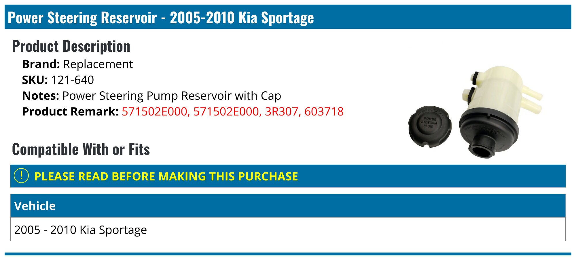 2005-2010 Kia Sportage Power Steering Reservoir - Replacement 121-640 ...