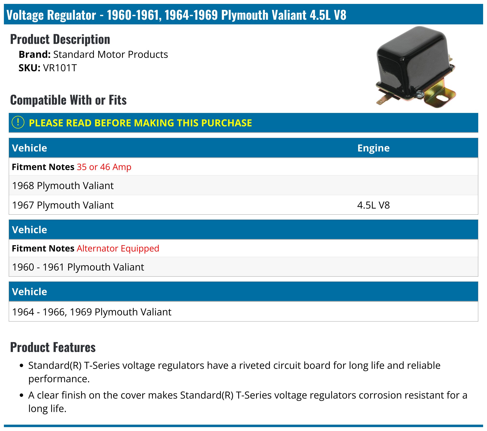 1960-1961, 1964-1969 Plymouth Valiant Voltage Regulator - Standard ...