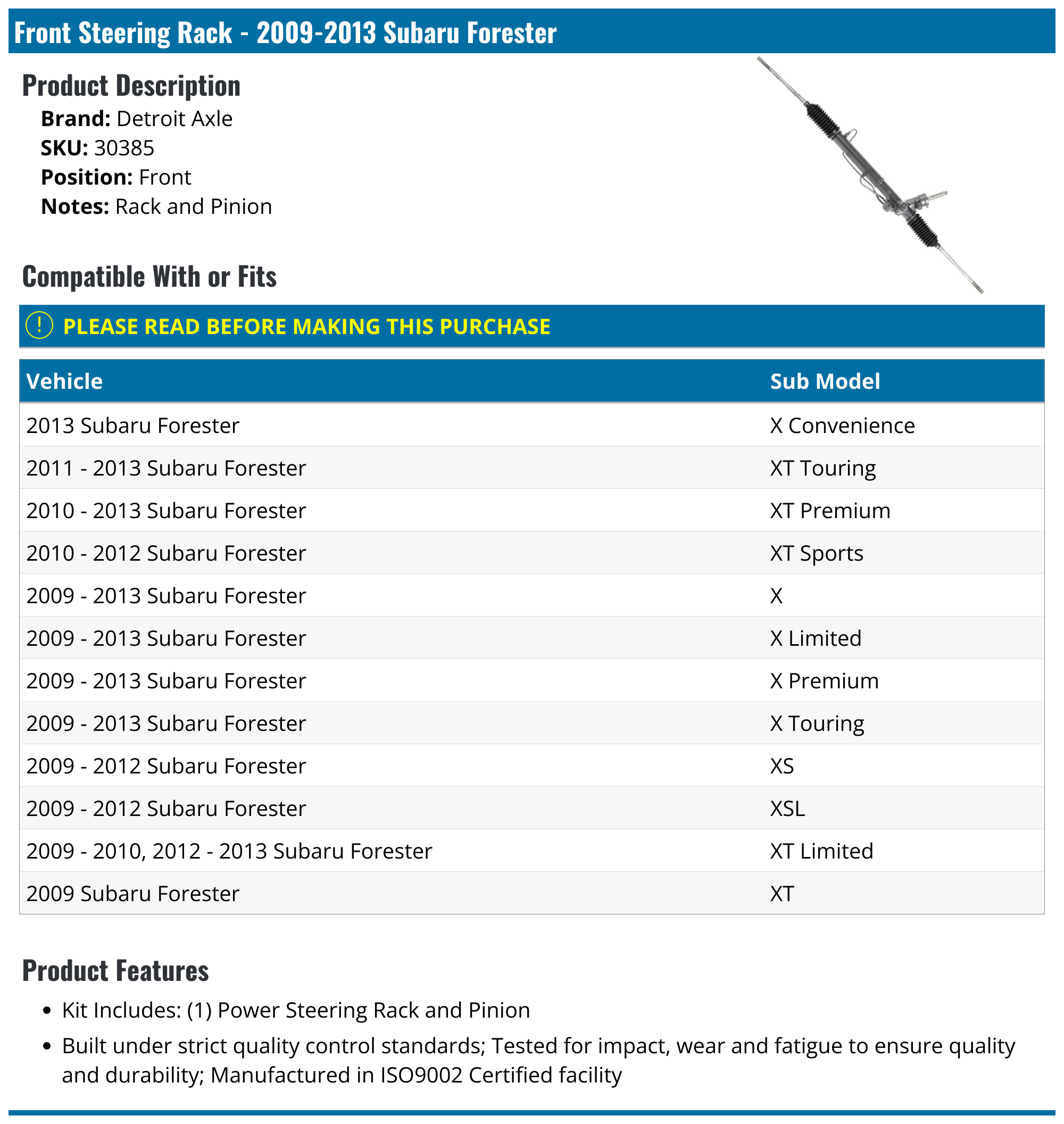 2009-2013 Subaru Forester Steering Rack - Detroit Axle 30385 - Front ...
