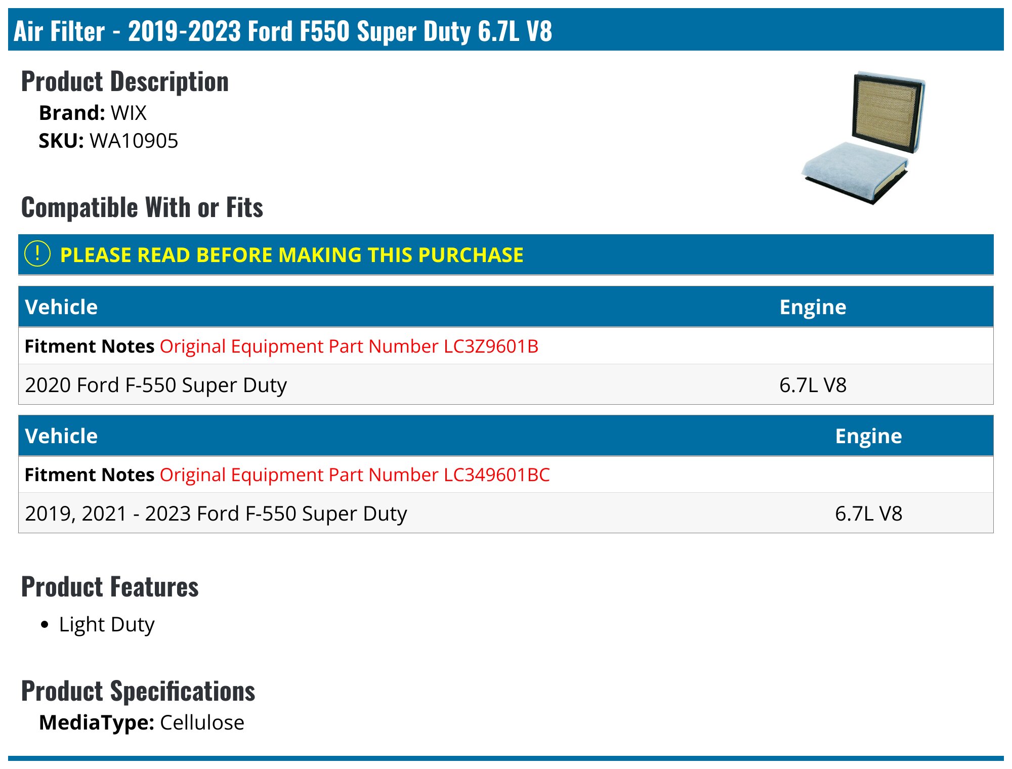 2019-2026 Ford F550 Super Duty Air Filter - WIX WA10905 - PartsGeek.com