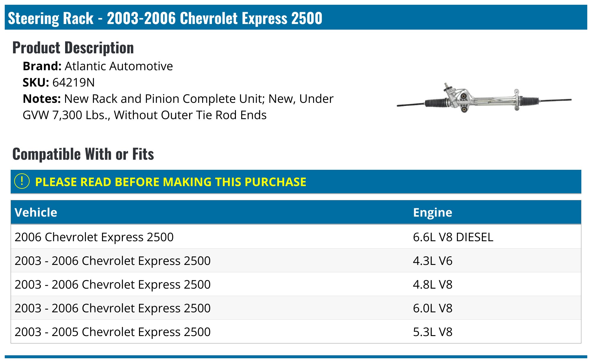 2003-2006 Chevrolet Express 2500 Steering Rack - Atlantic Automotive ...
