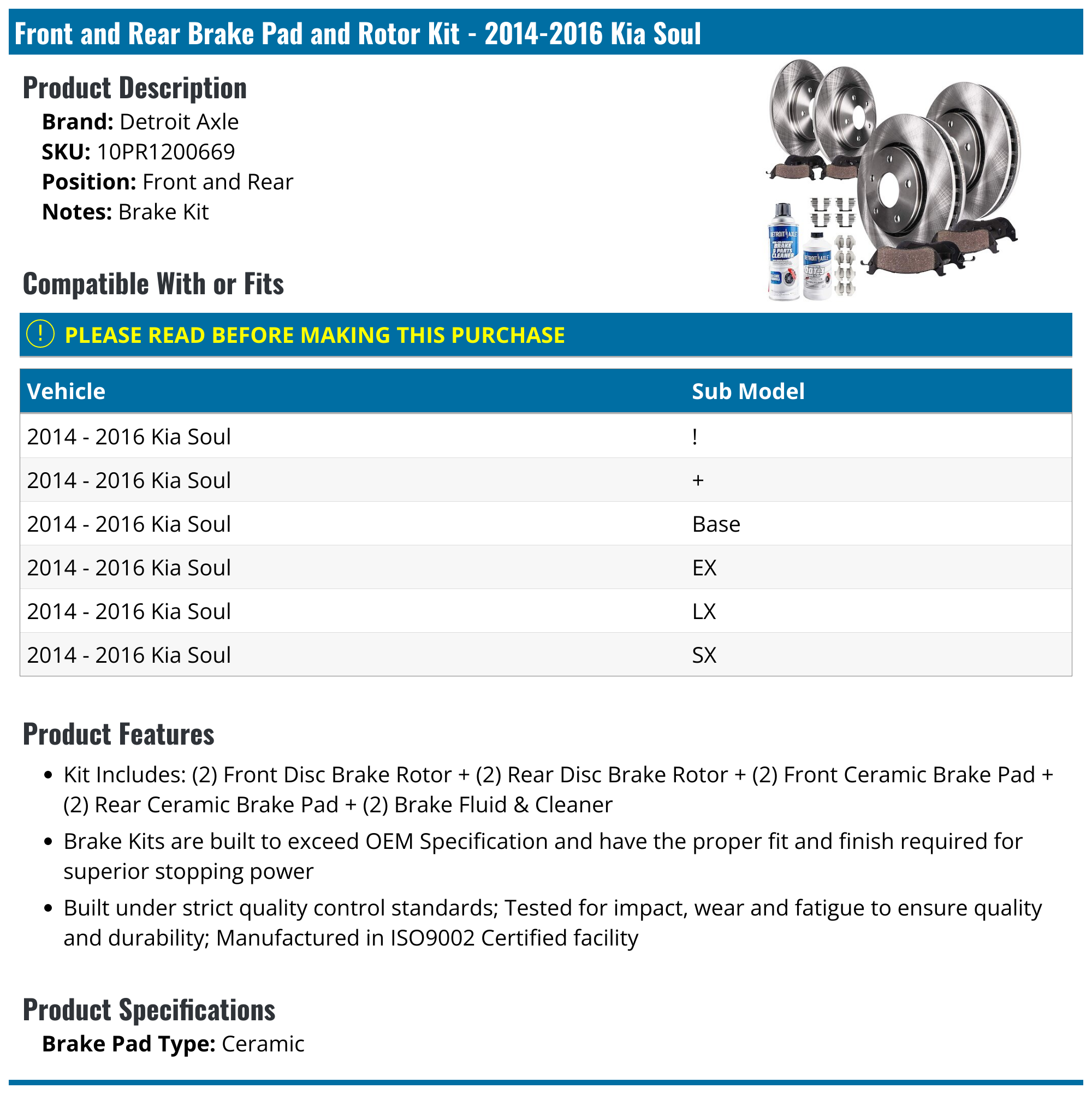 2014-2016 Kia Soul Brake Rotor - Detroit Axle 10PR1200669 - Front and ...