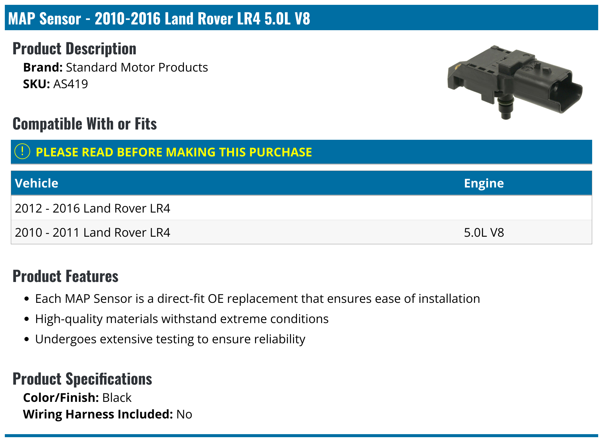 2010-2016 Land Rover LR4 MAP Sensor - Standard Motor Products AS419 ...