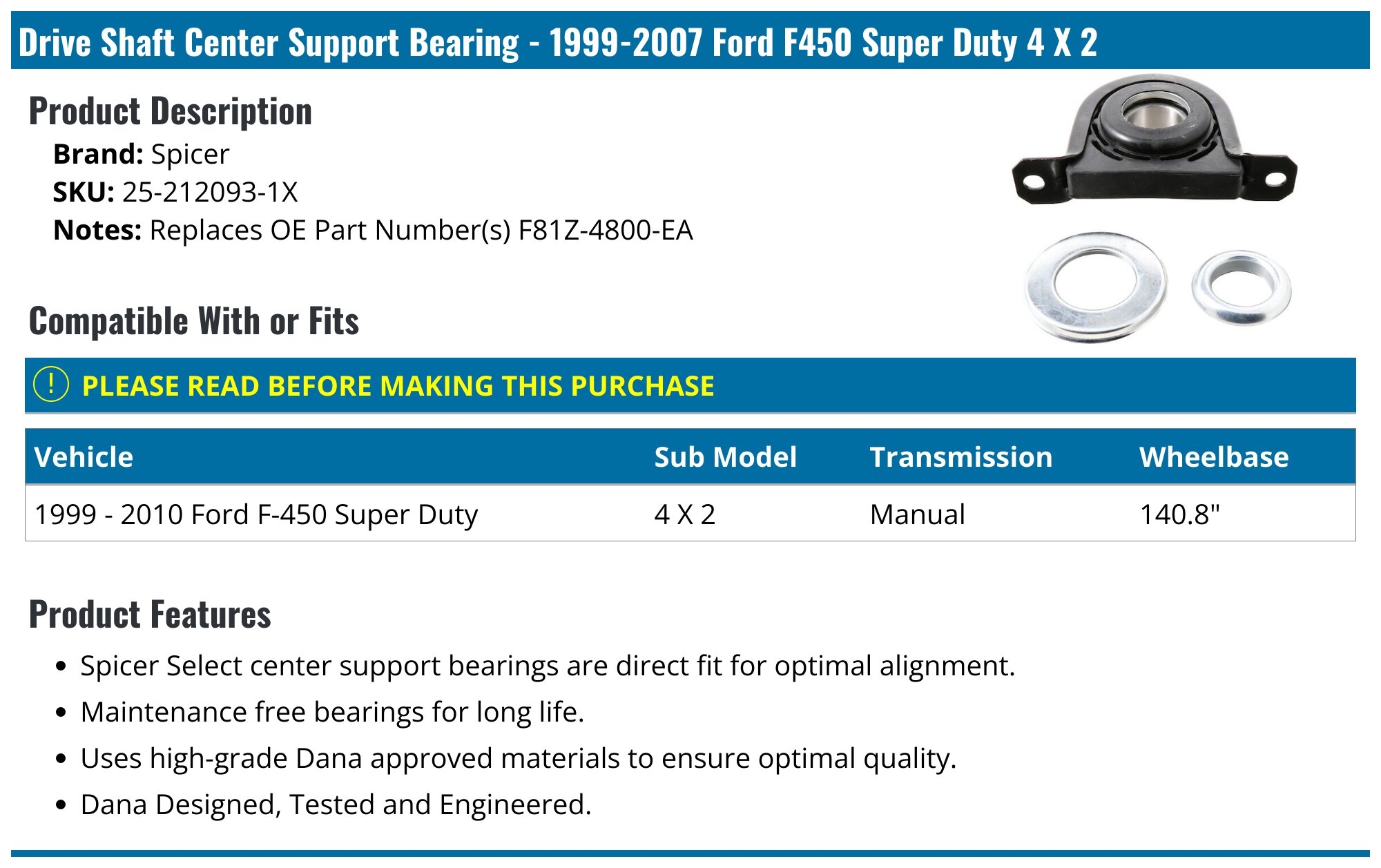 1999-2007 Ford F450 Super Duty Drive Shaft Center Support Bearing ...