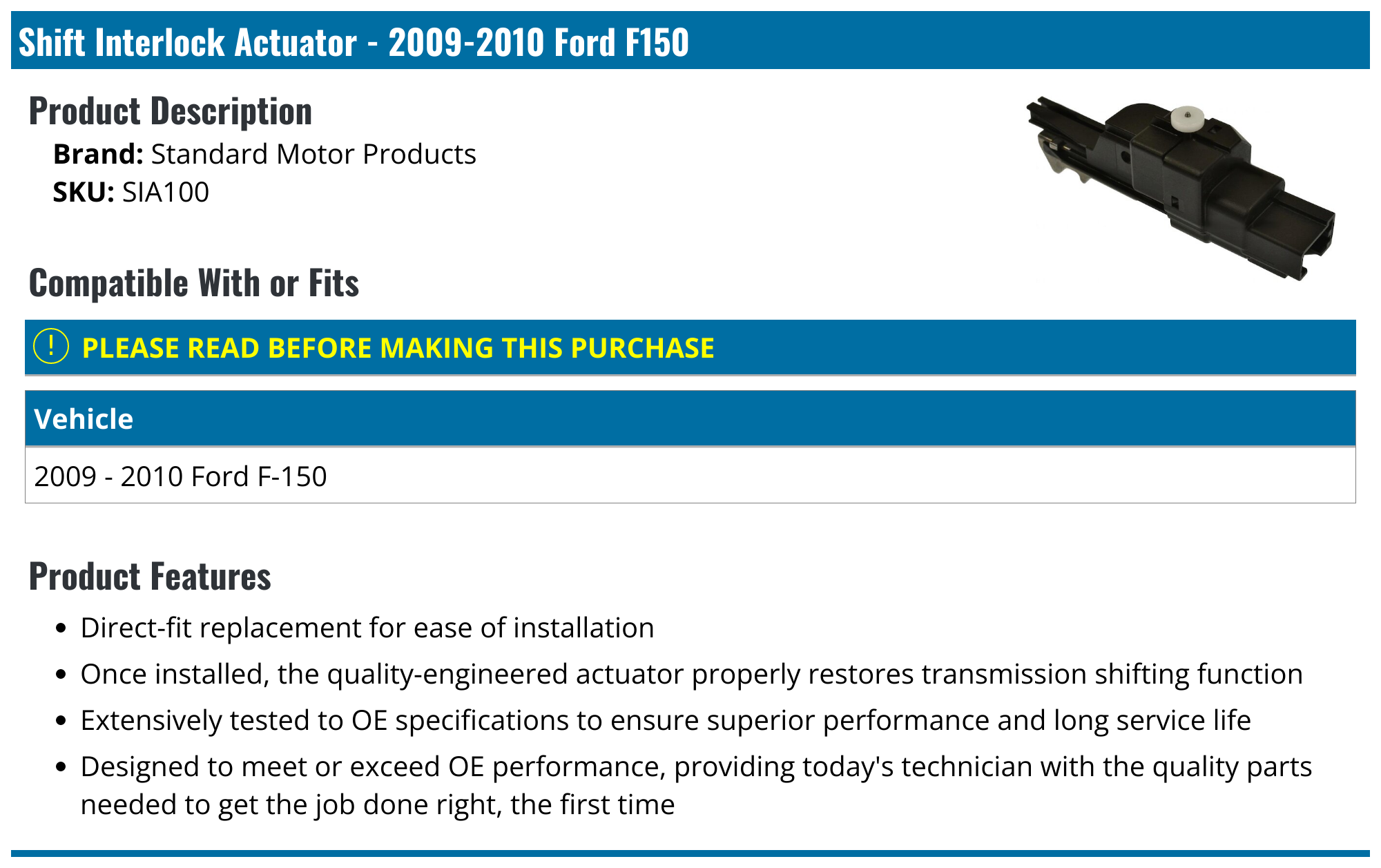2009-2010 Ford F150 Shift Interlock Actuator - Standard Motor Products ...