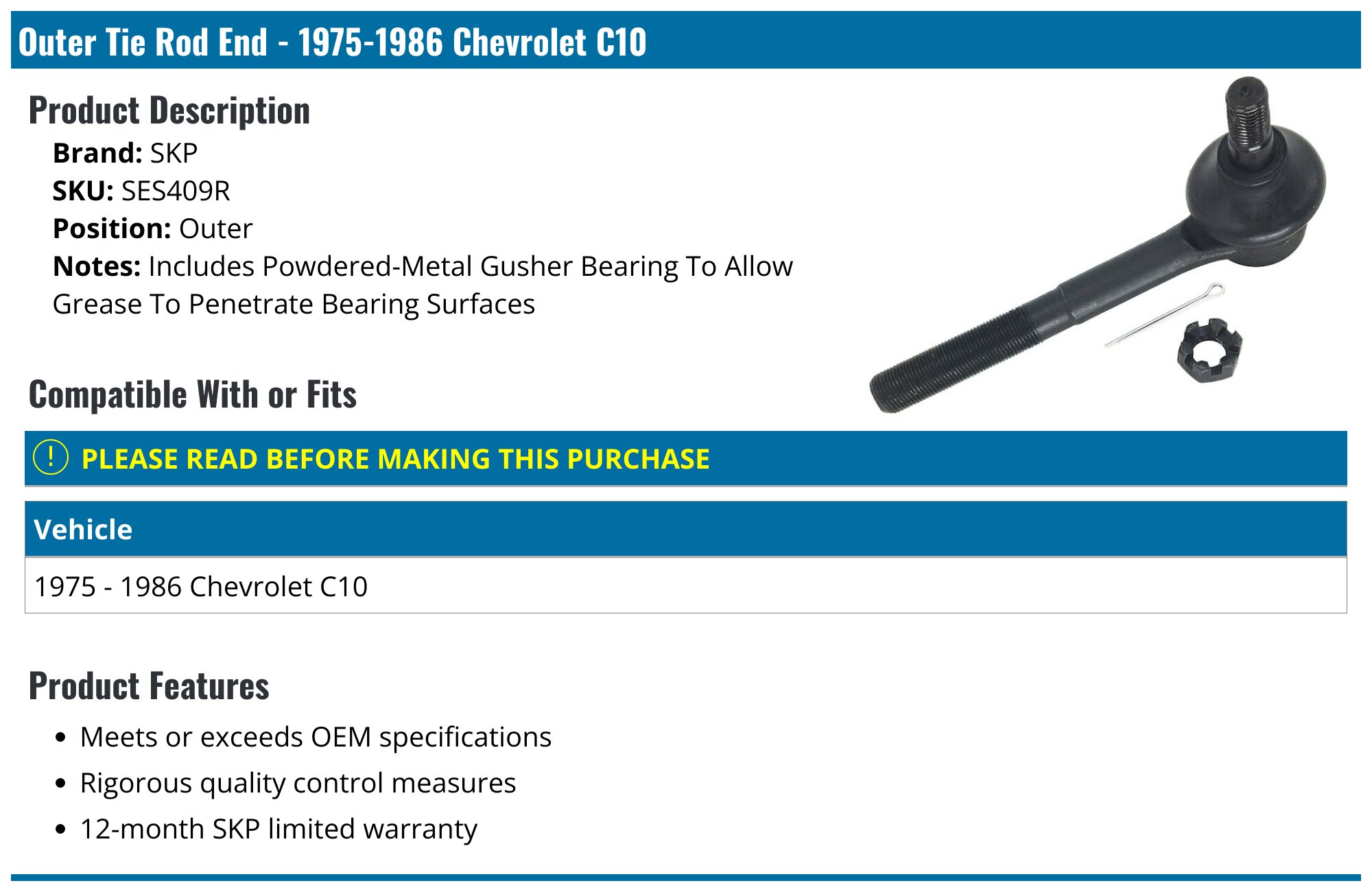 1975-1986 Chevrolet C10 Tie Rod End - SKP SES409R - Front Outer ...