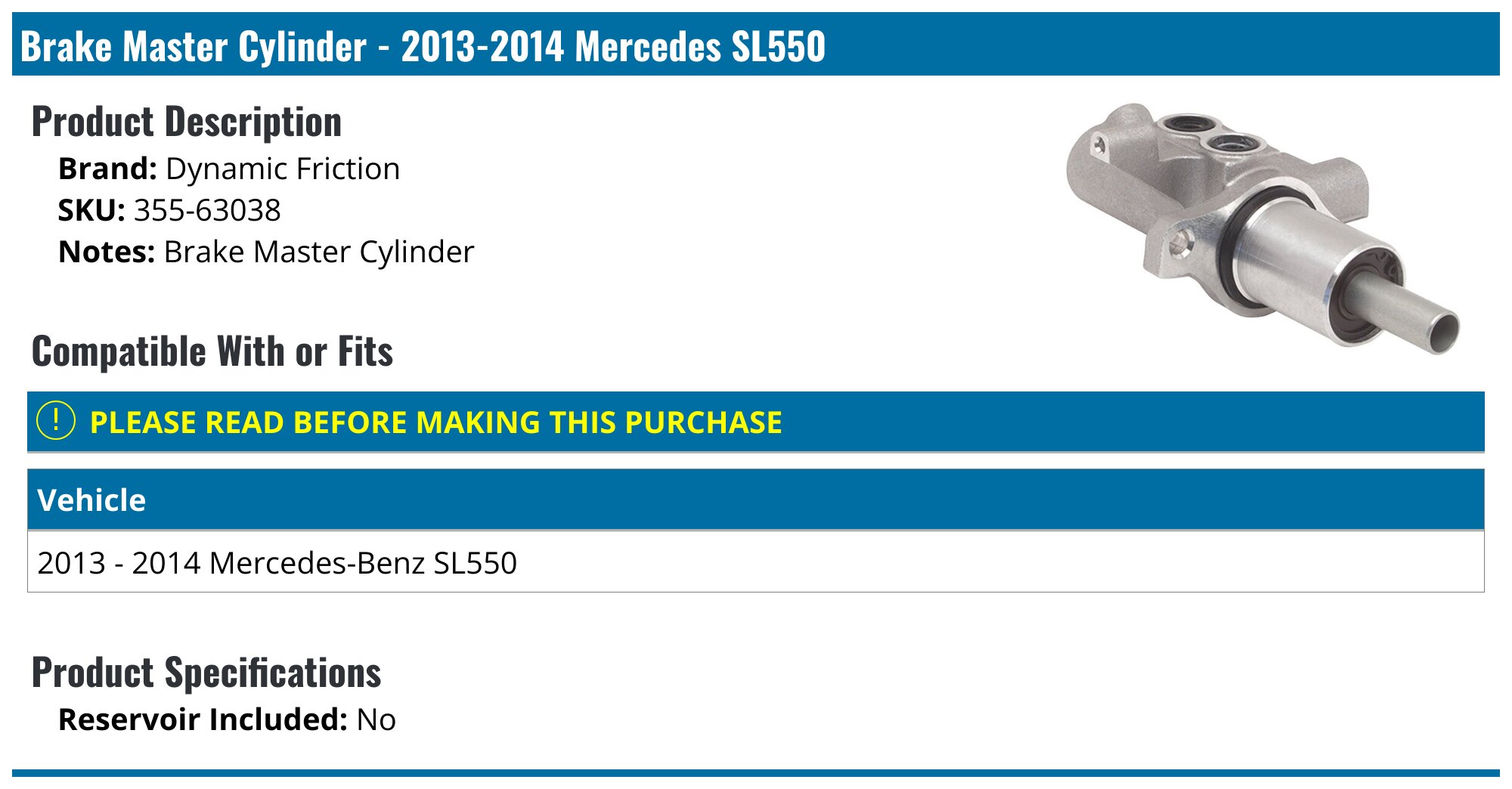 2013-2014 Mercedes SL550 Brake Master Cylinder - Dynamic Friction 355 ...